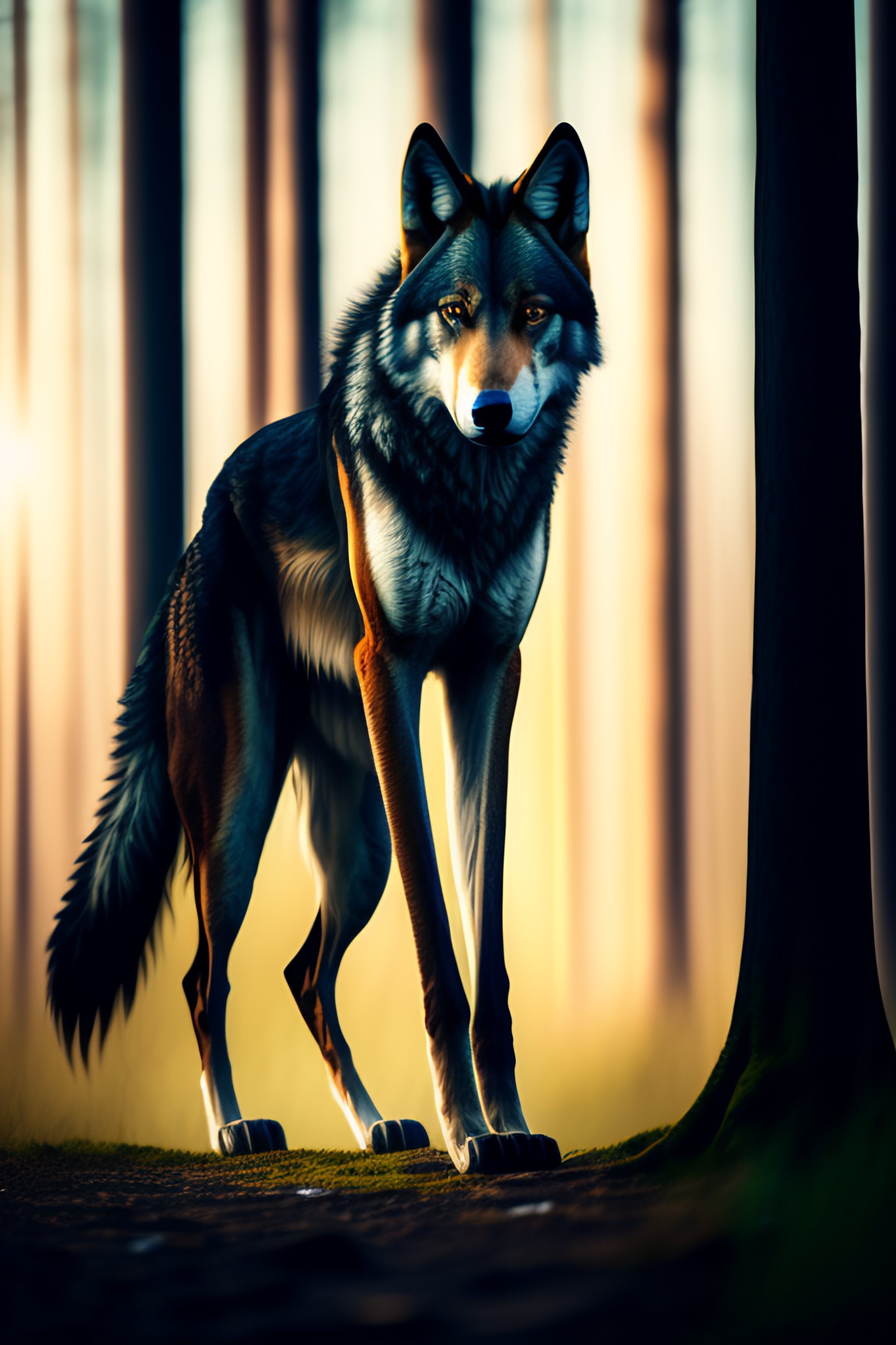 Lexica - Tall very emaciated wolf wearing stilts, dirty white fur, she ...