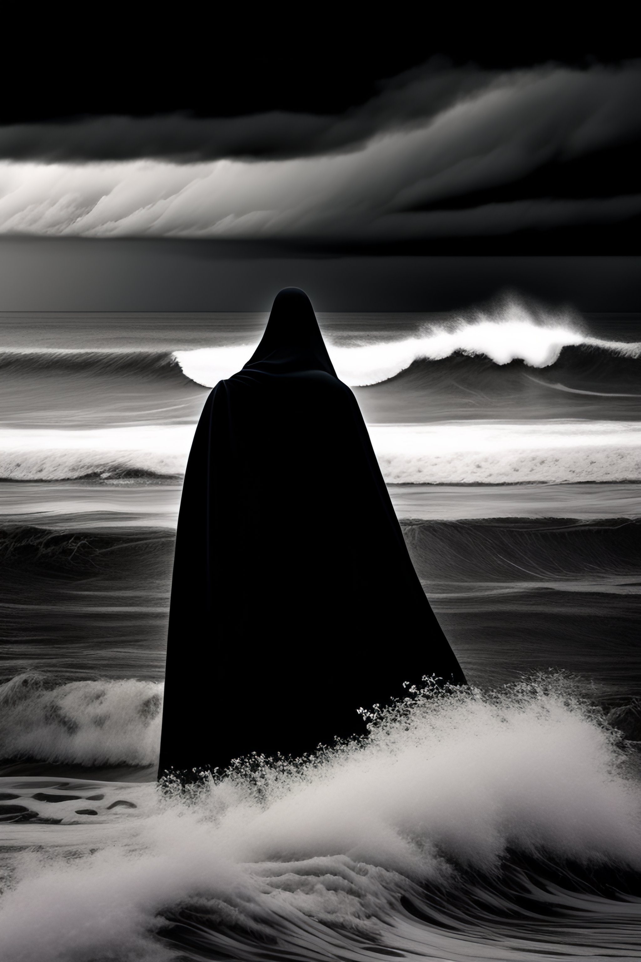 Lexica - Small figure of a grim reaper walking along a stormy beach ...