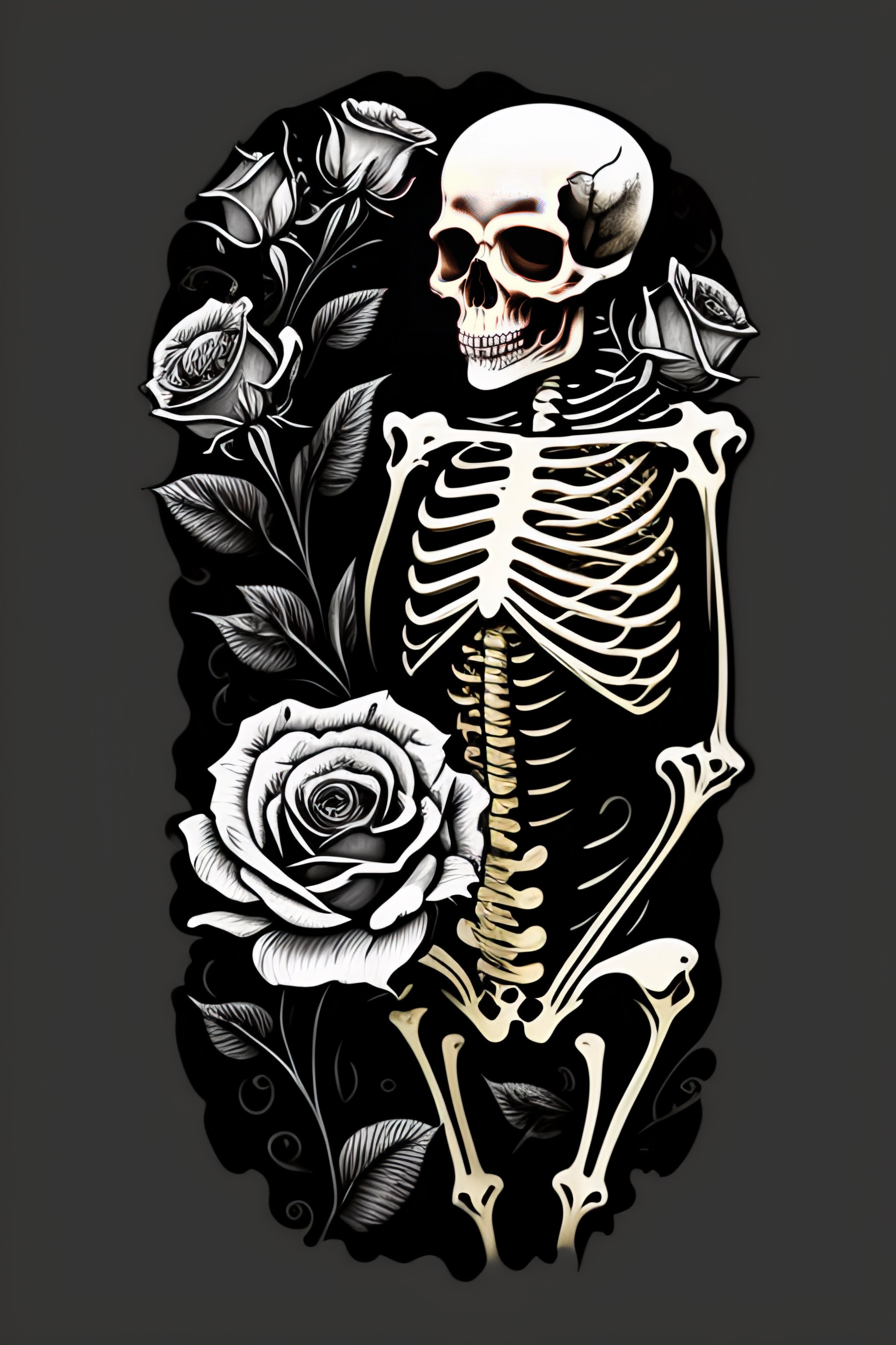 Lexica - A tshirt design of a skeleton person holding roses, low ...