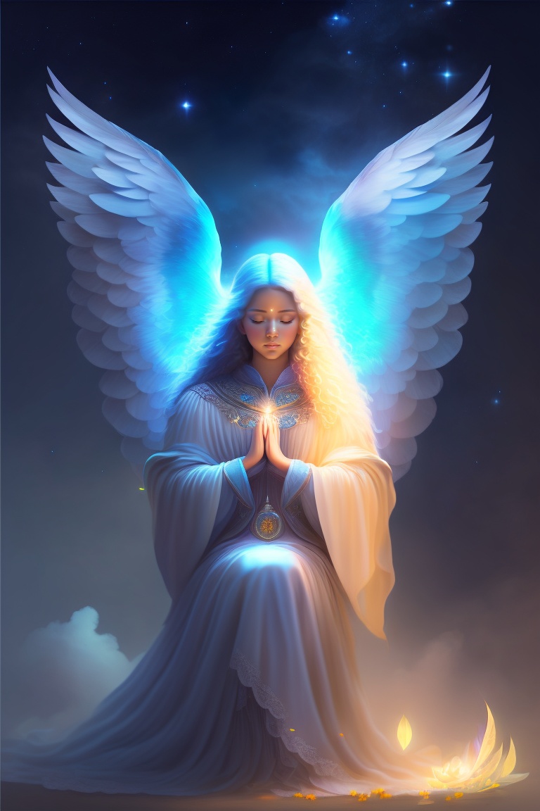 Lexica - A humanoid angelic being with fairy wings kneeling and praying,