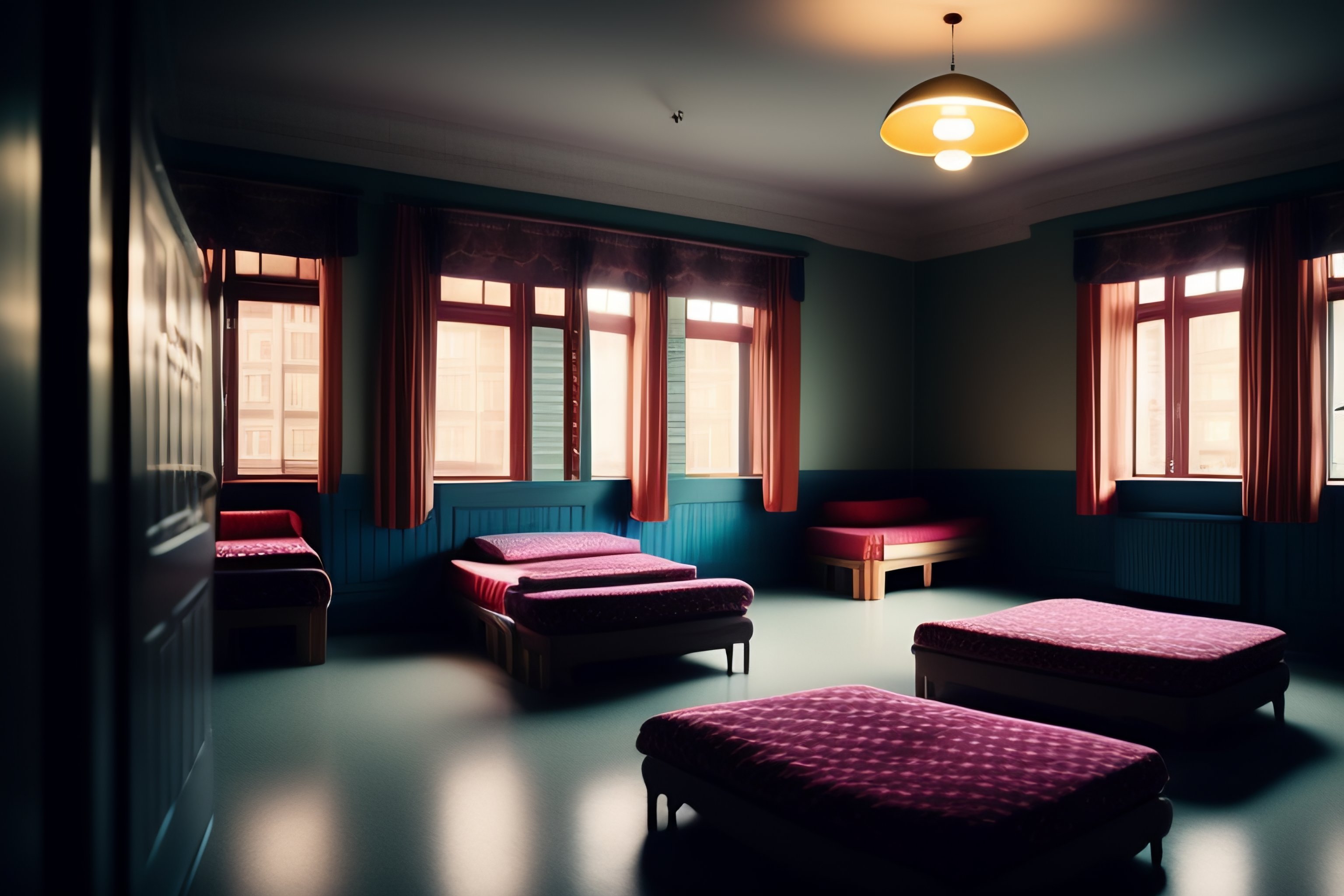 Lexica - An orphanage dormitory with beds, trunks, toys, carpet, and a ...