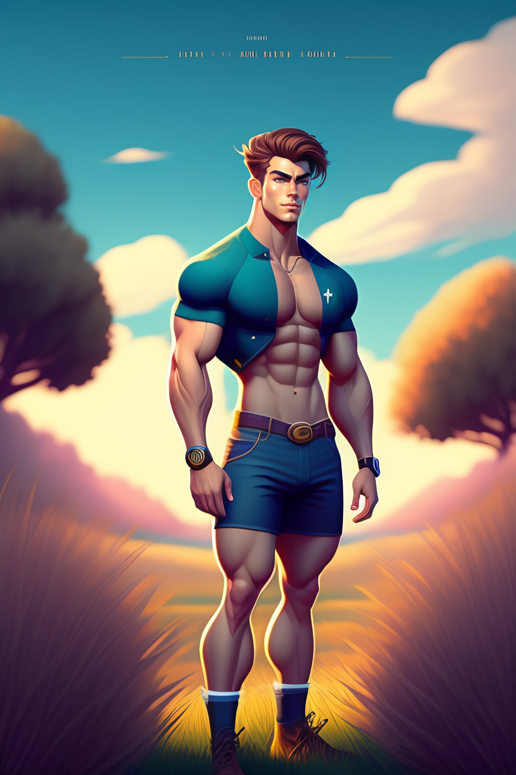 Lexica - View of gorgeous meadow with fit hot muscle young guy, to m ...