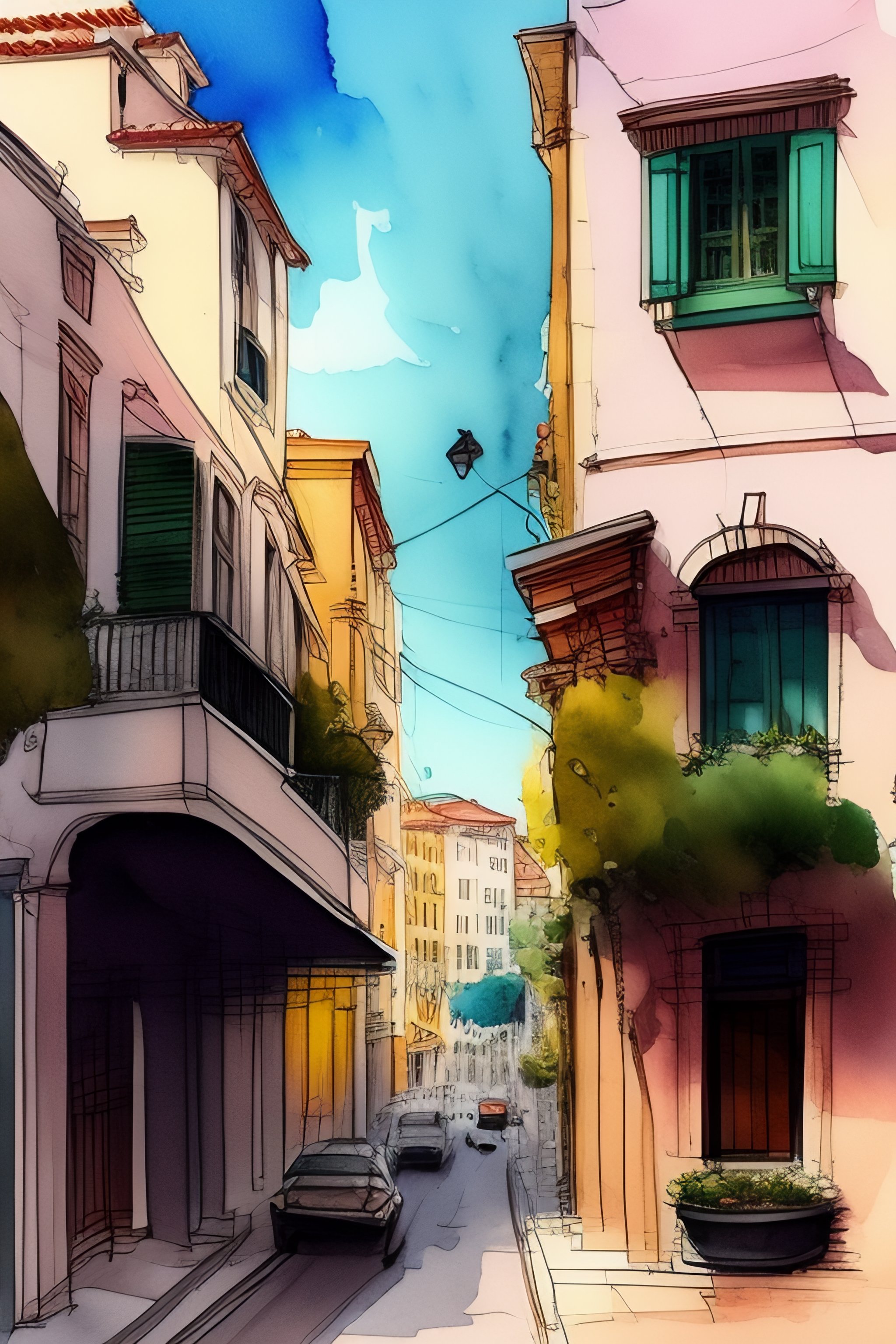 Lexica - A loose ink sketching with watercolors of a modern Athens ...