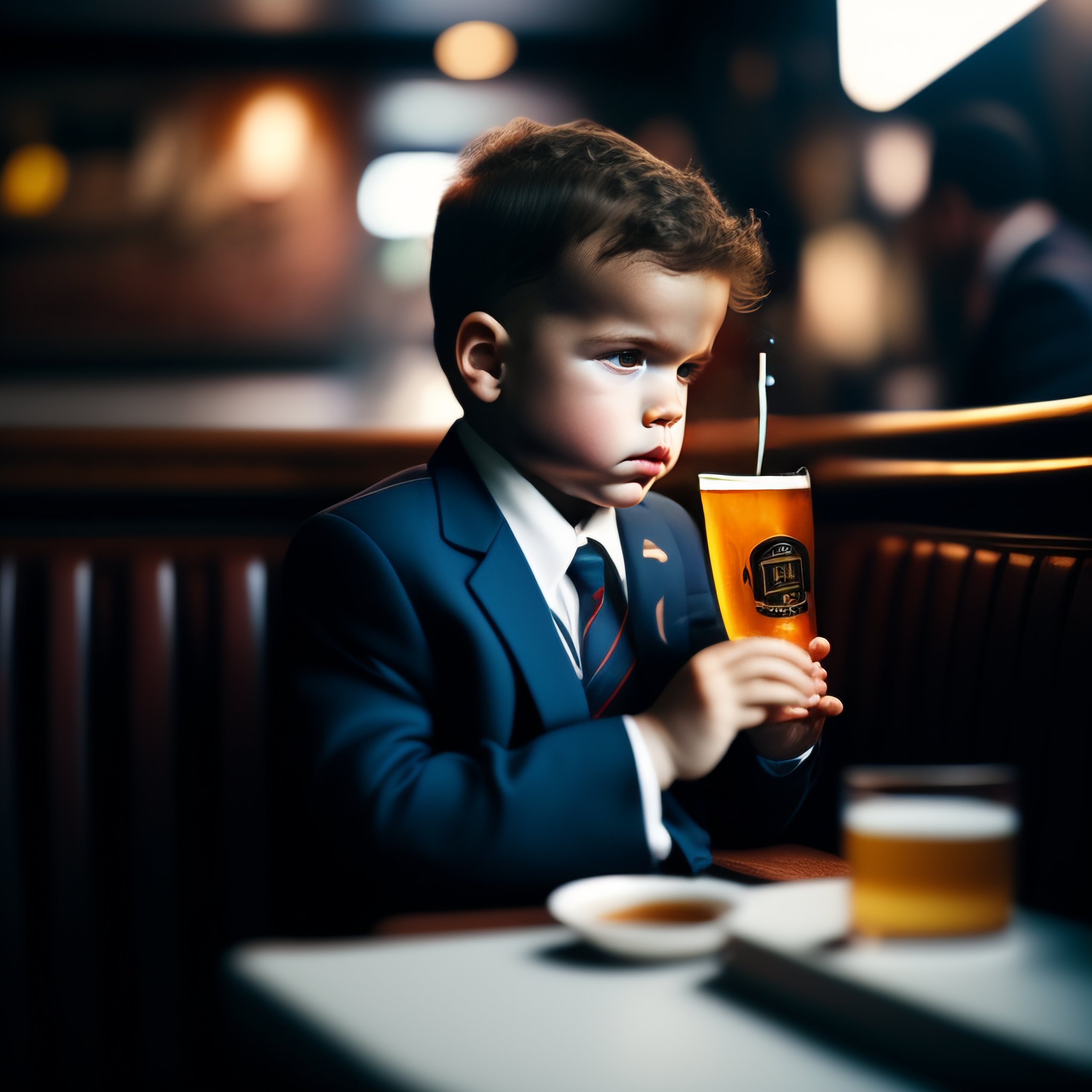 Lexica - Exhausted baby in suit drinking a beer and having a cigarette ...