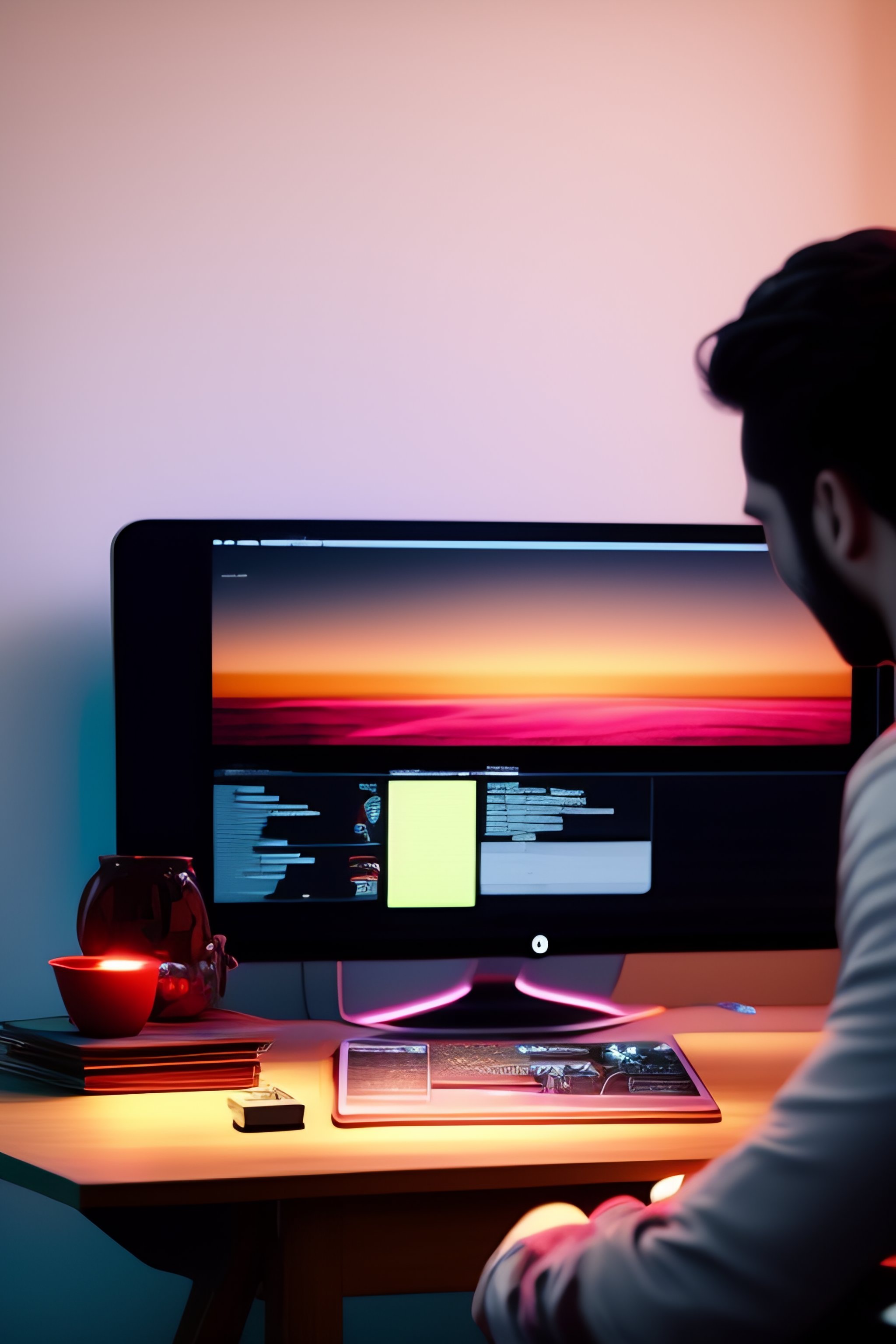 Lexica - A programmer who is sitting at a computer, two monitors, a keyboard and a mouse, table ...