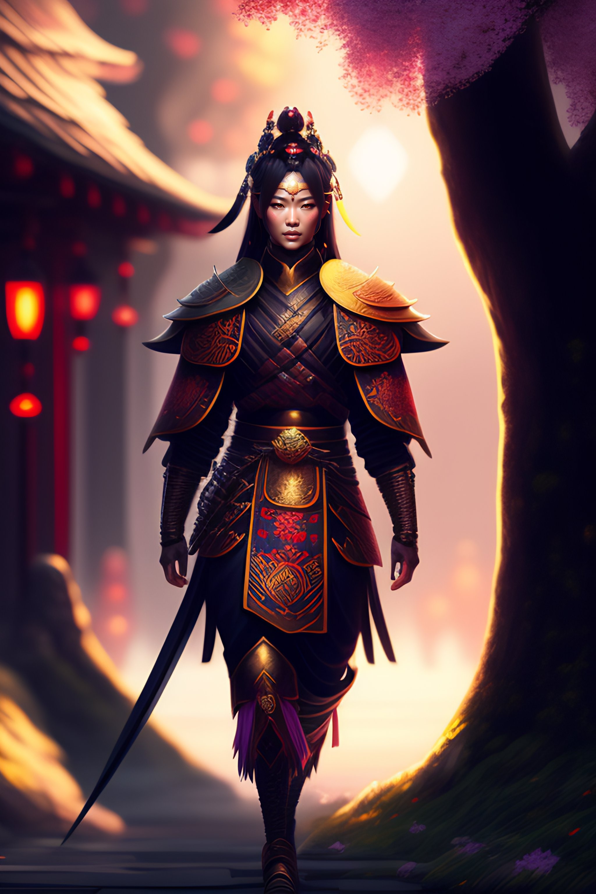 Lexica - Obsidian skined Samurai in a sakura alley, artstation ...