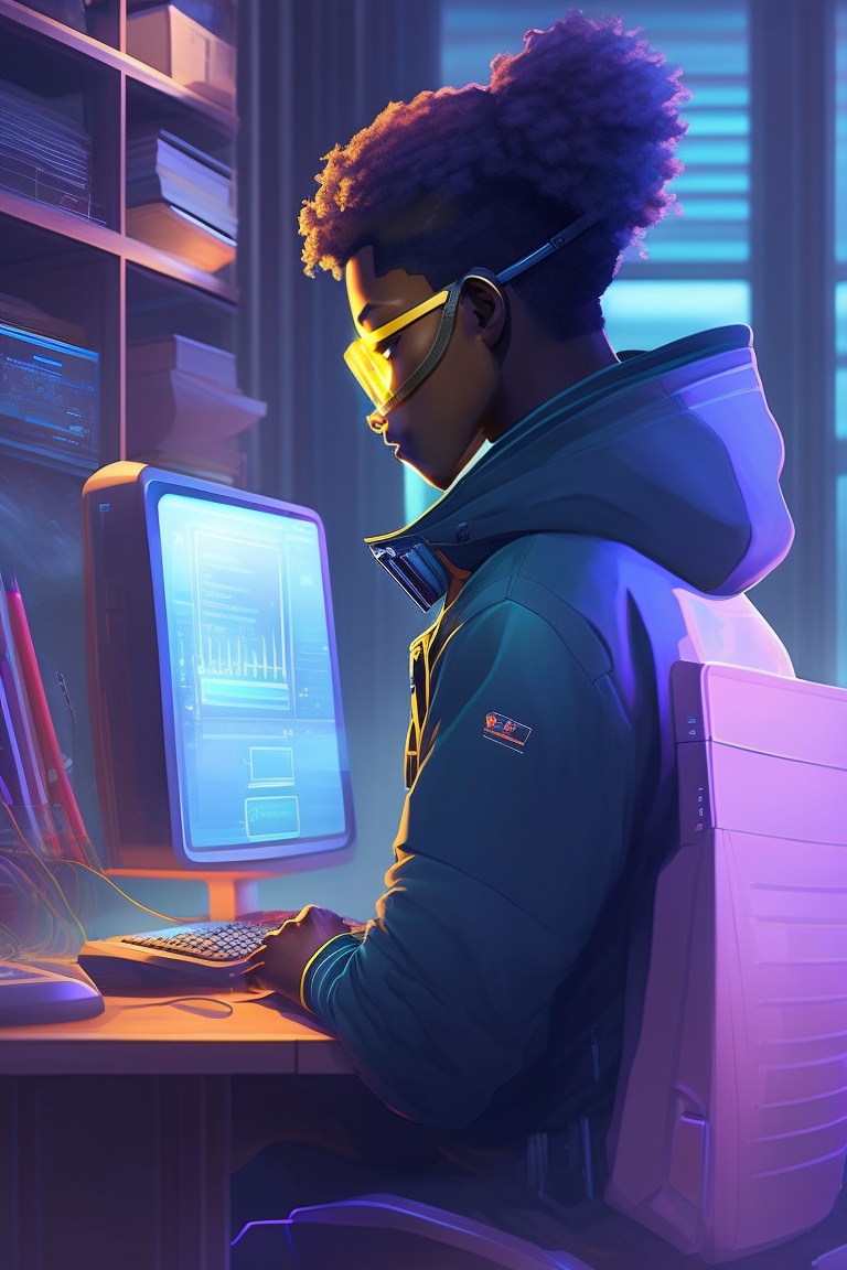 Lexica - A nerdy black boy in a cyberpunk mask is programming on a ...