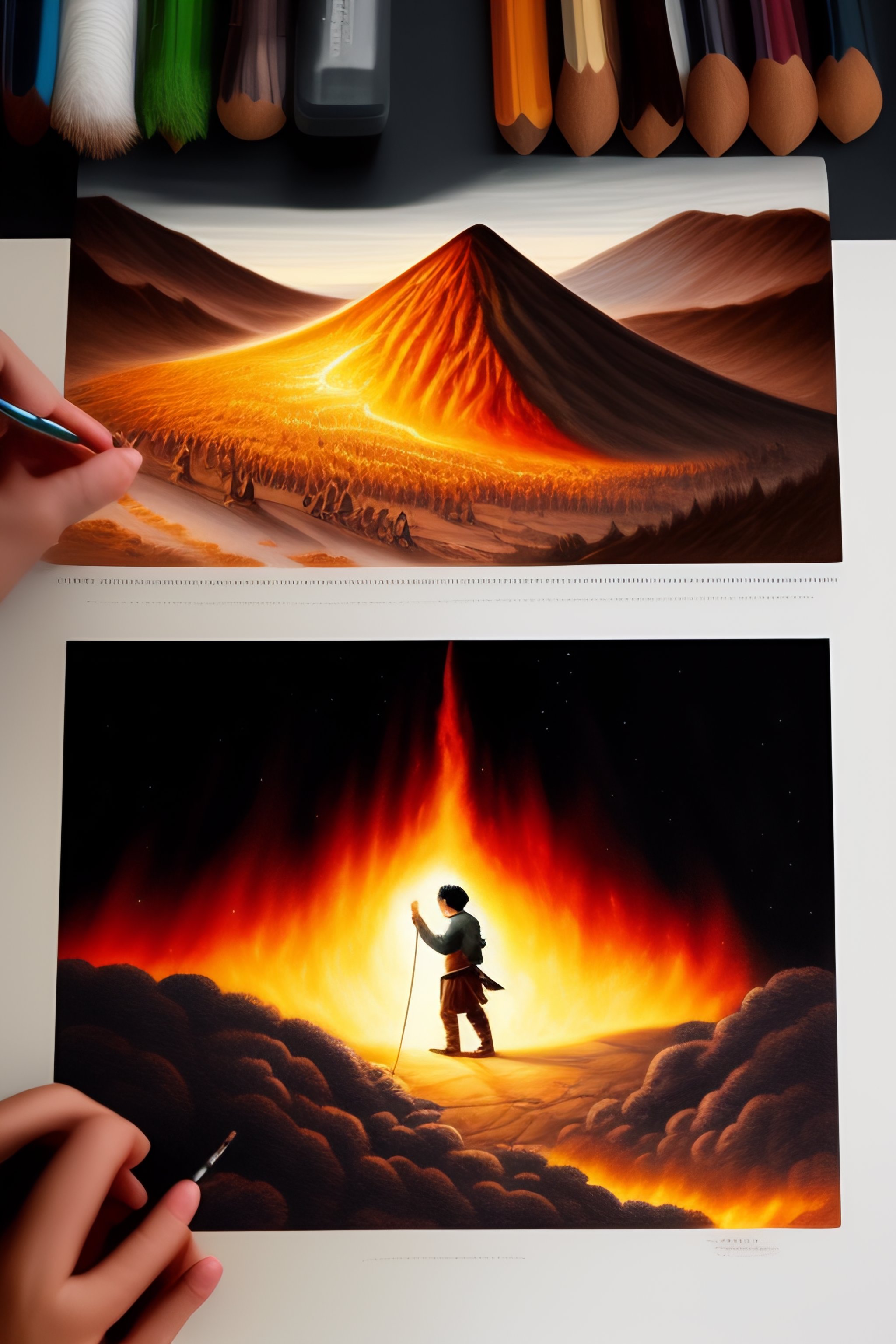 Lexica - Drawing of frodo throwing the ring into the volcano