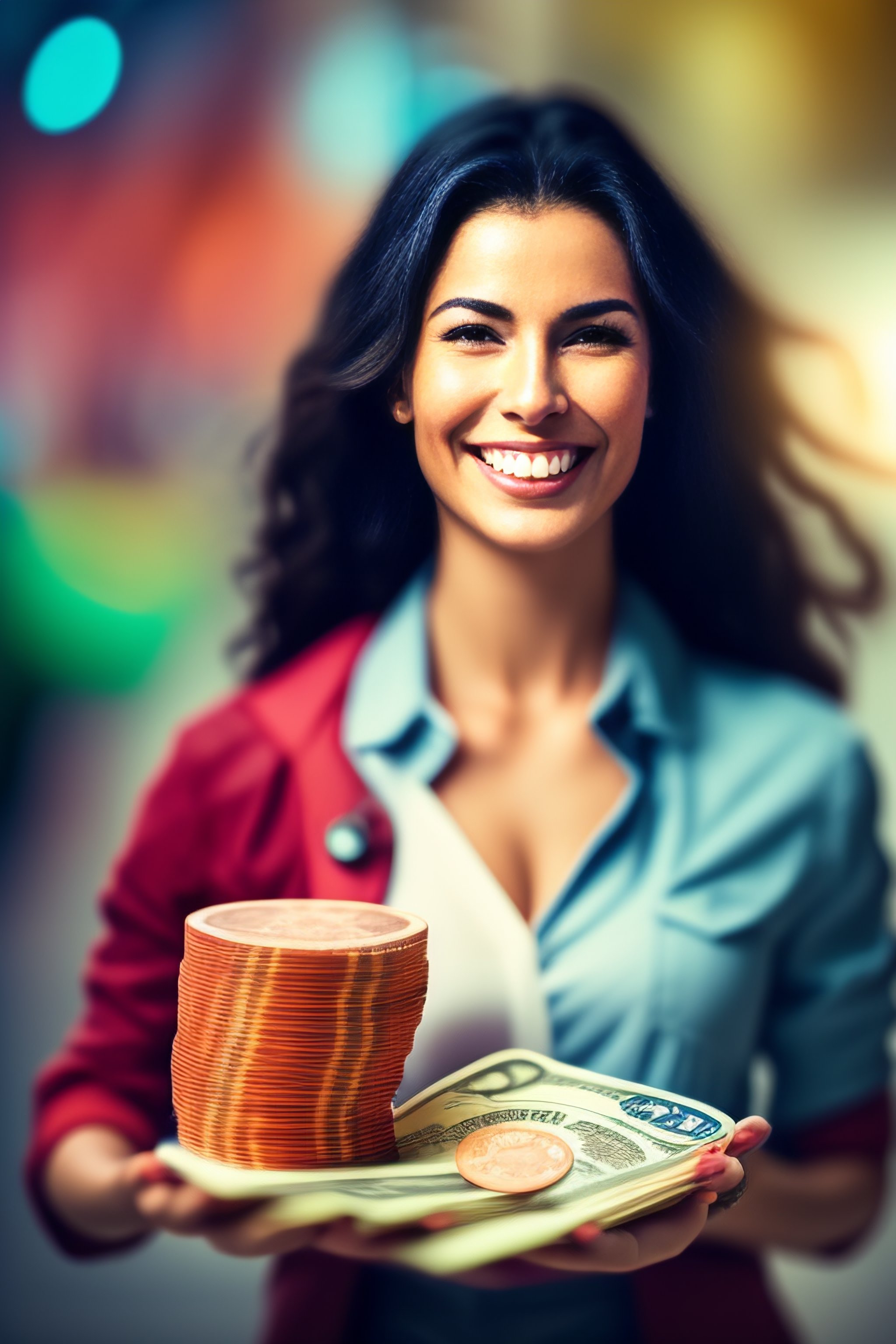 Lexica - Realistic picture of happy woman with a lot of money spread ...