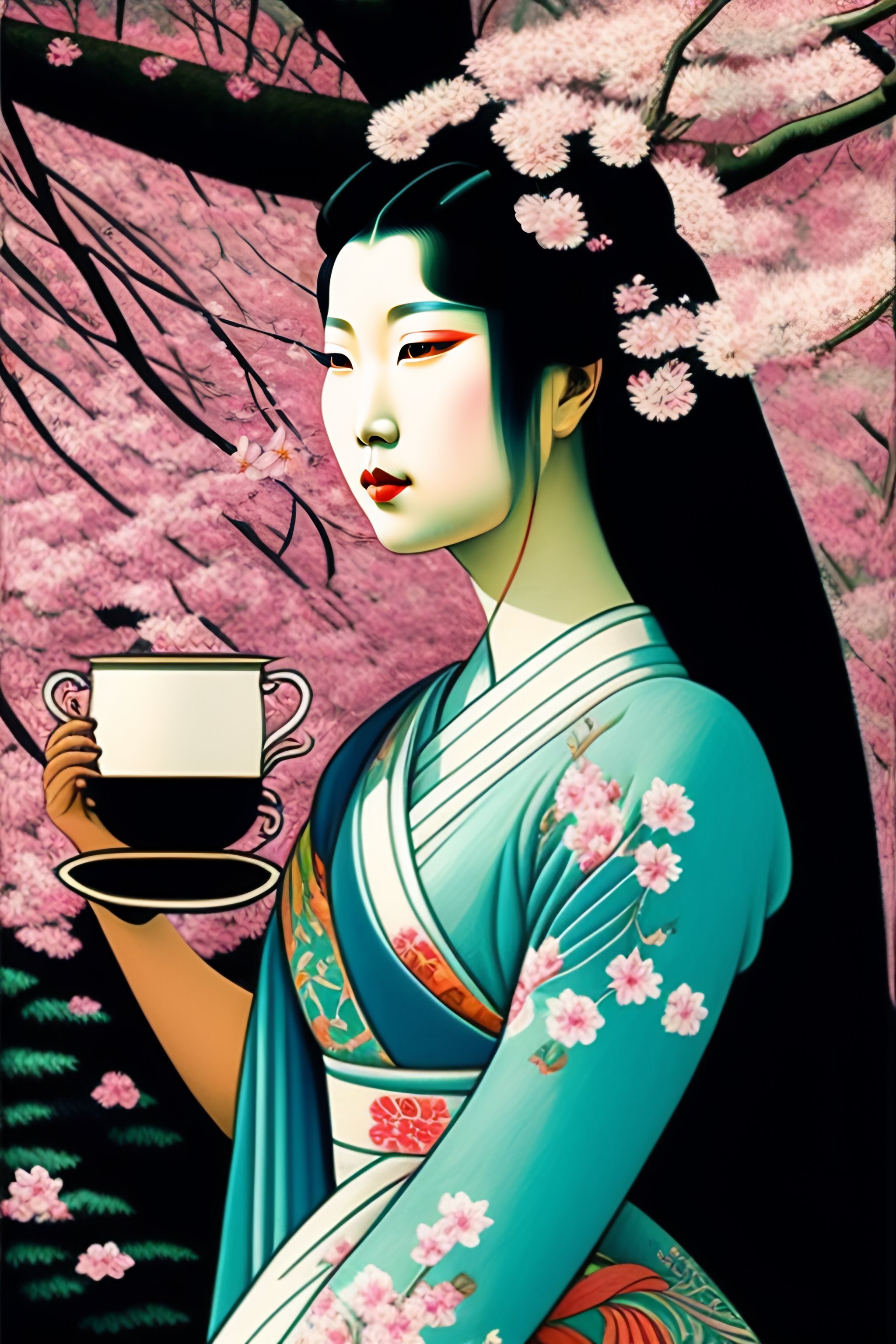 Lexica - LINE DRAWING OF A GEISHA WITH DELICATE HANDS HOLDING A CUP OF ...