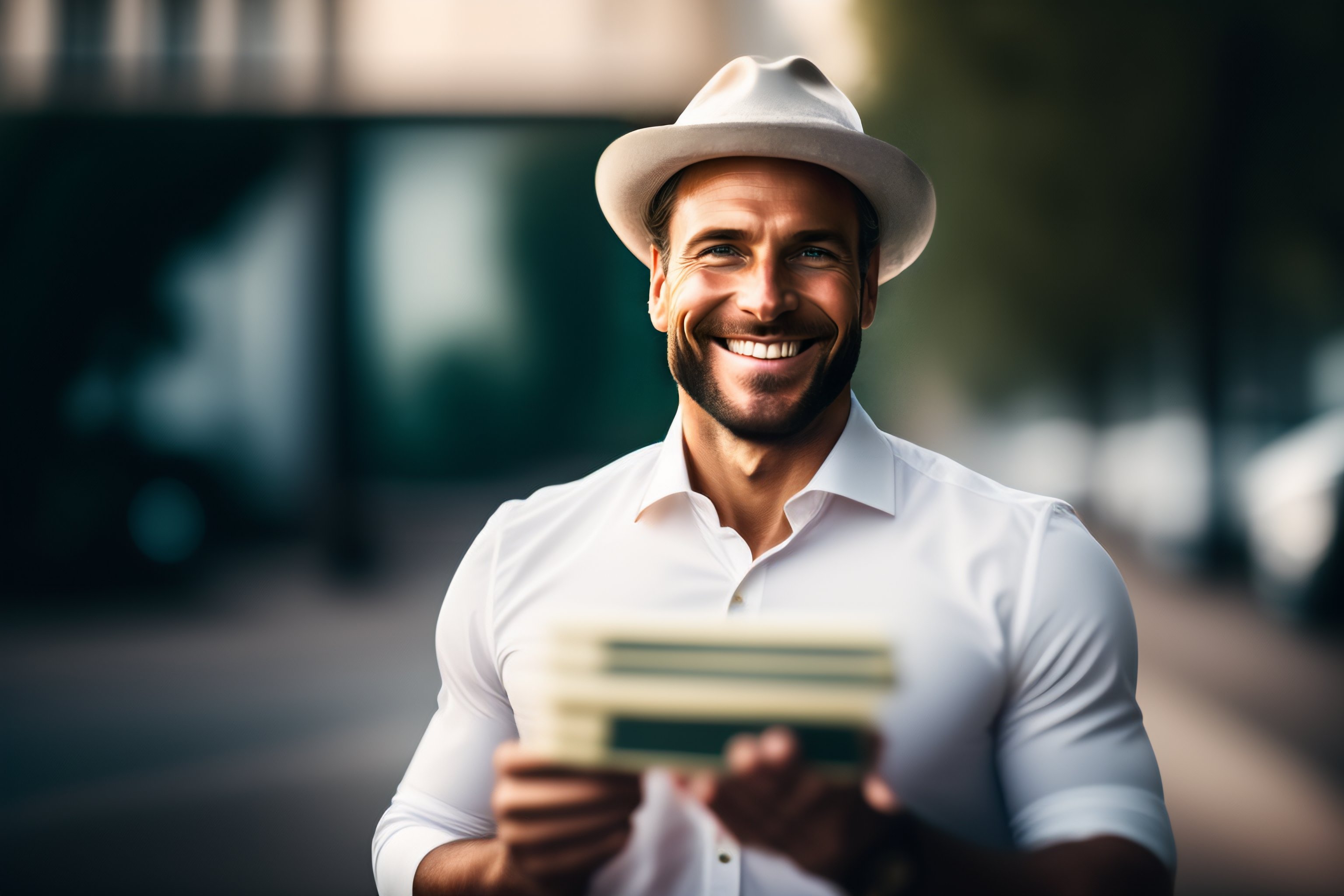 Lexica - A happy and rich white man with banknotes in his hands