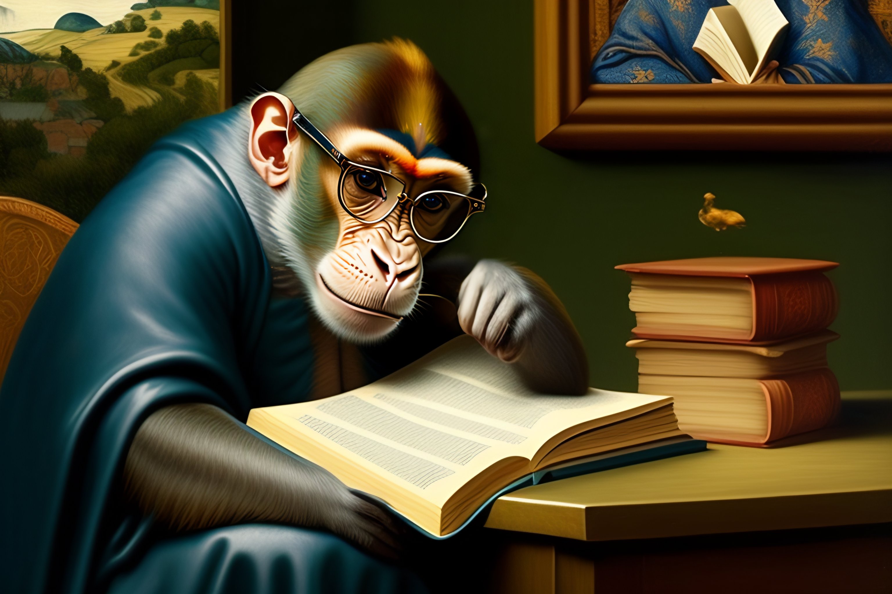 Lexica - Intelectual monkey reading a book with glasses renaissance painting, van gogh