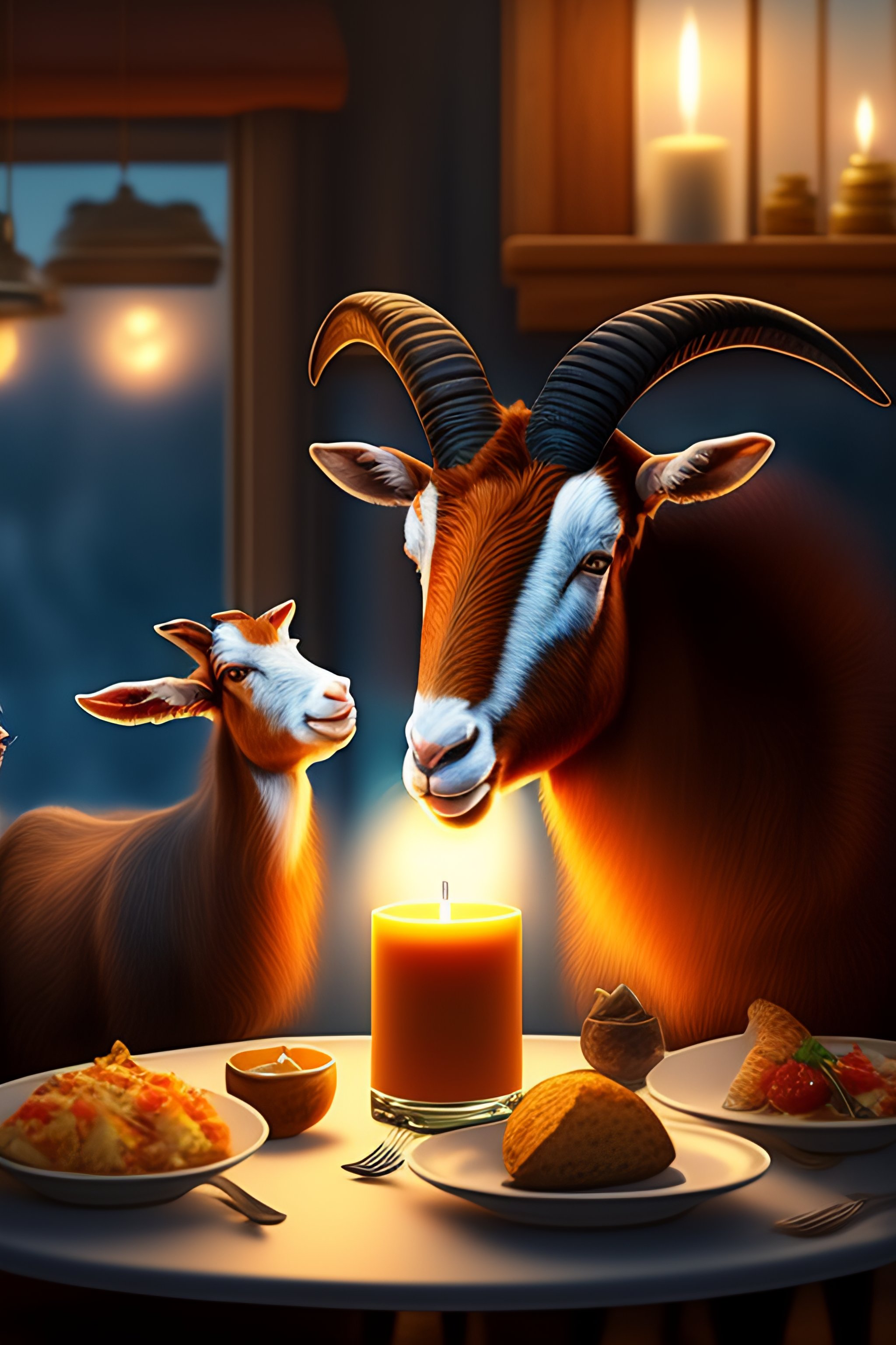 Lexica - A family of 4 goats having dinner around the table at new ...