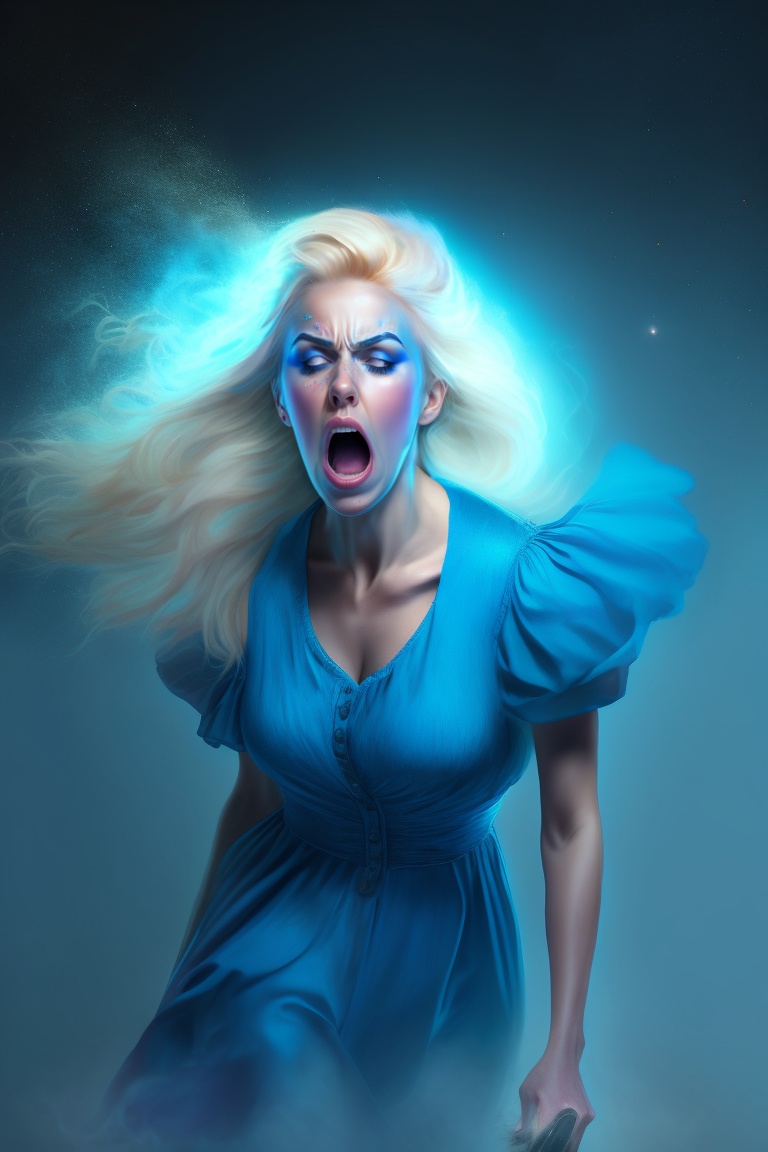 Lexica - Zombie blonde woman, very scared, blue clothes, hands on her ...