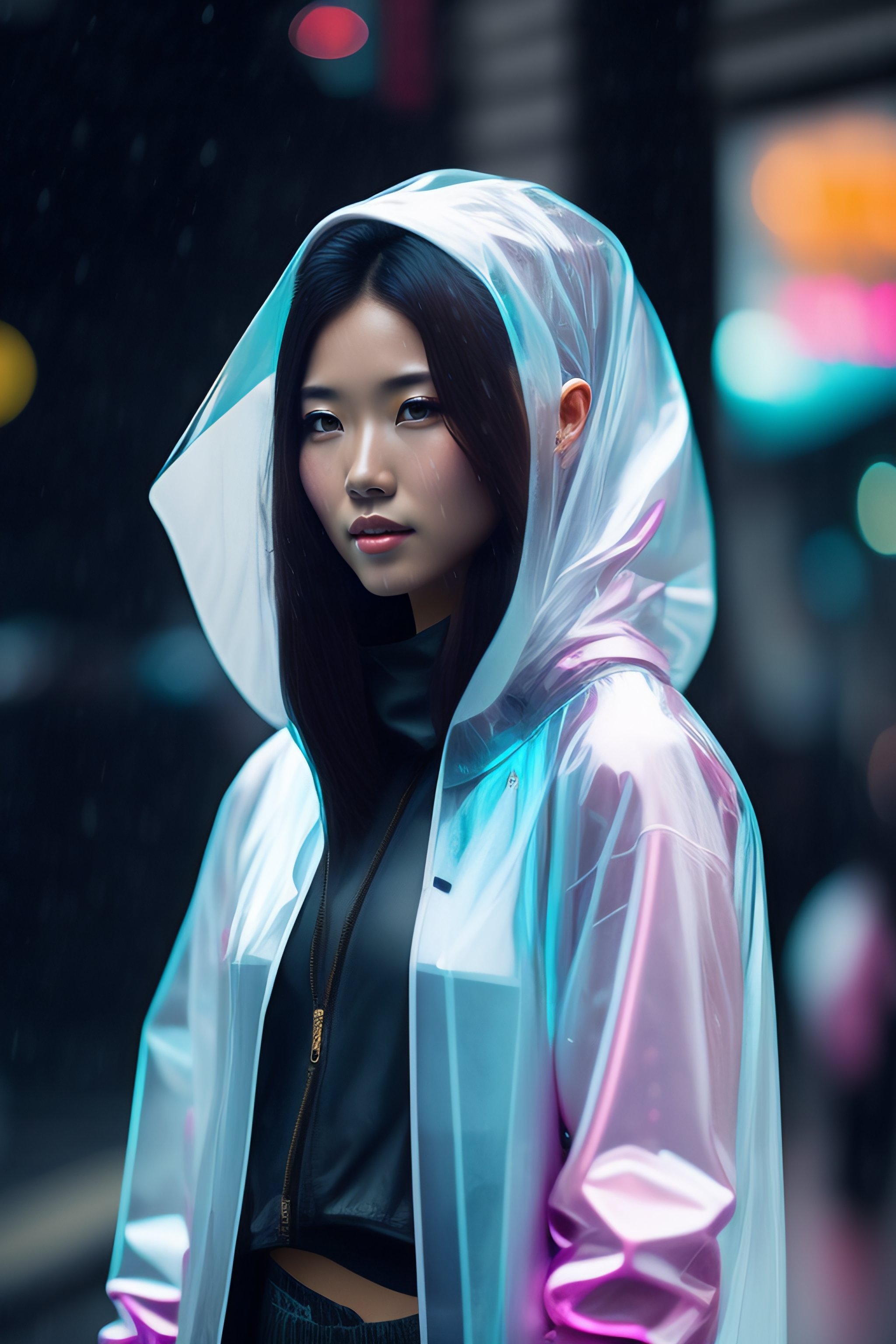 Lexica - Cyborg girl wearing transparent raincoat, cyborg parts, rainy ...