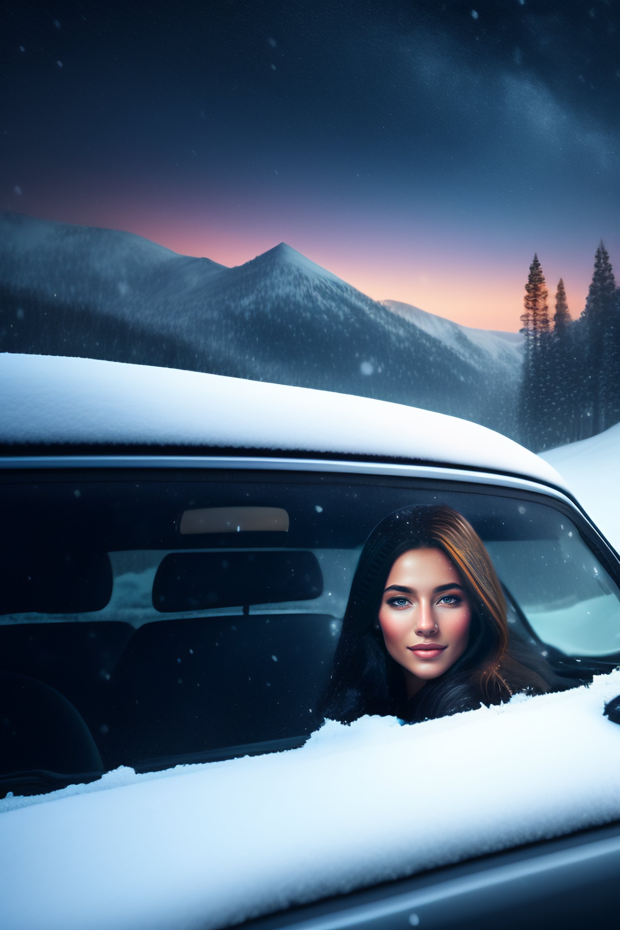 Lexica - Beautiful girl, next to the driver, rush along the freeway, through the snow, at night
