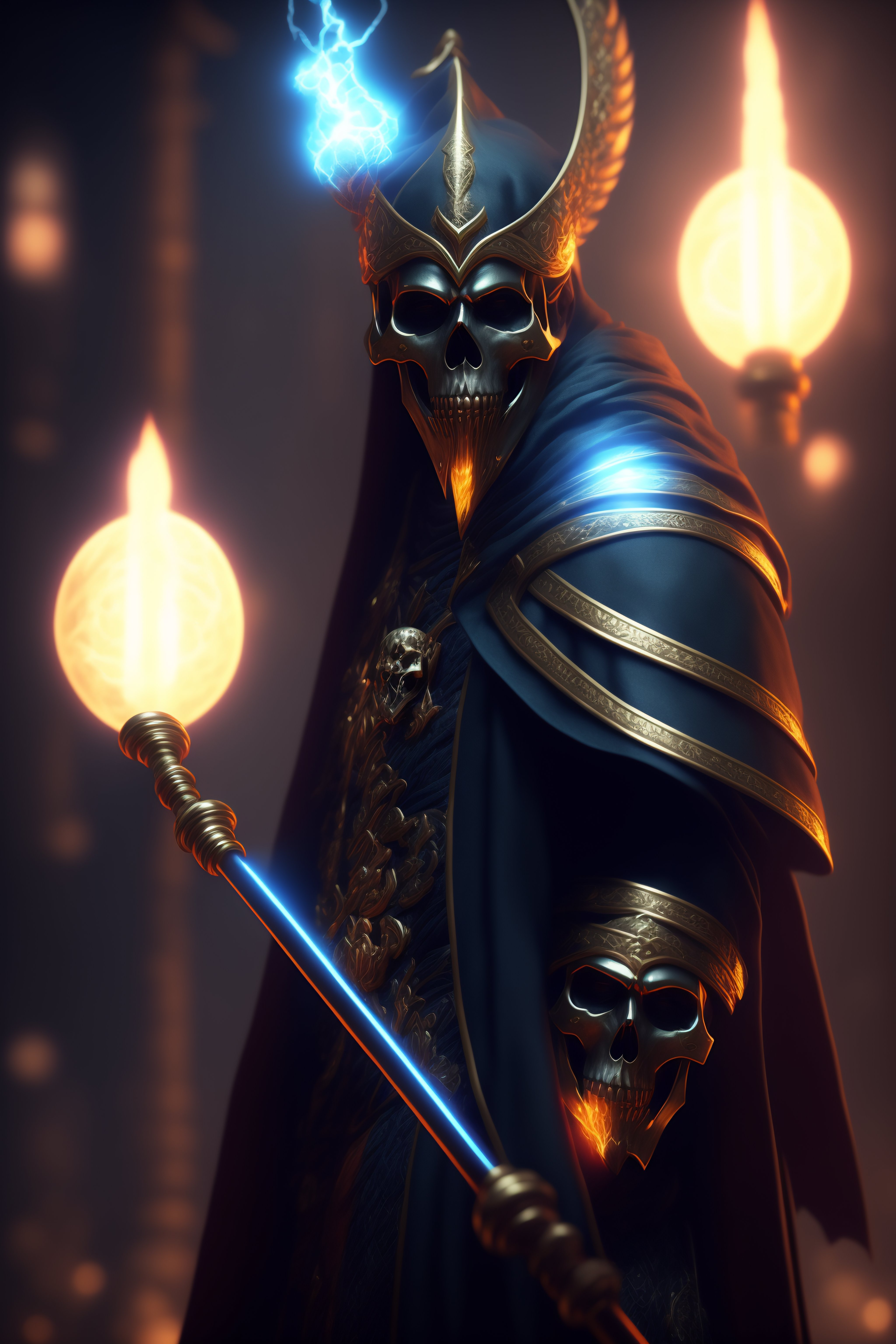 Lexica - Wizard with a skull mask holding a staff with electricity ...