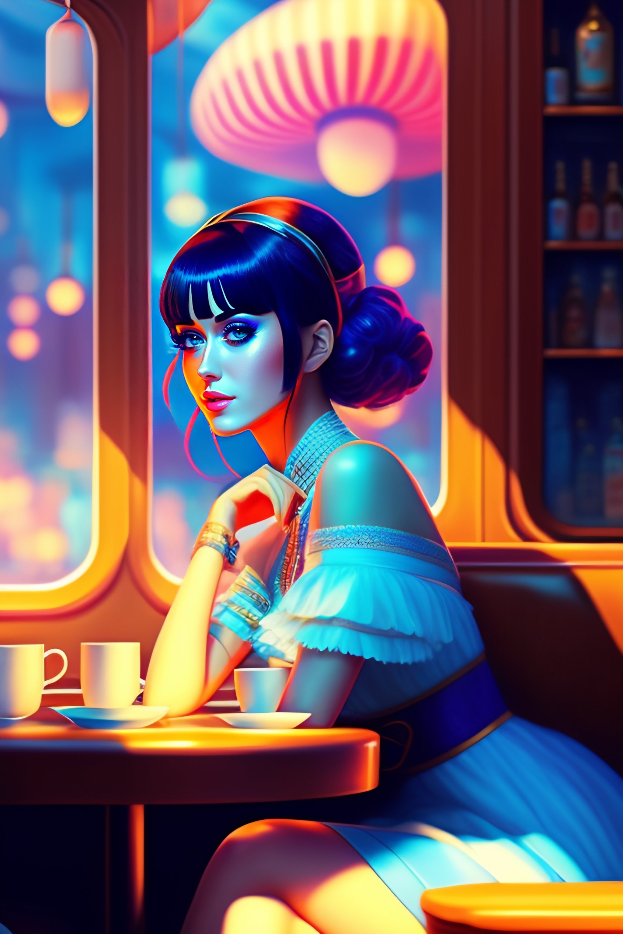 Lexica - Katy perry, cute girl in blue dress sitting psychedelic ...