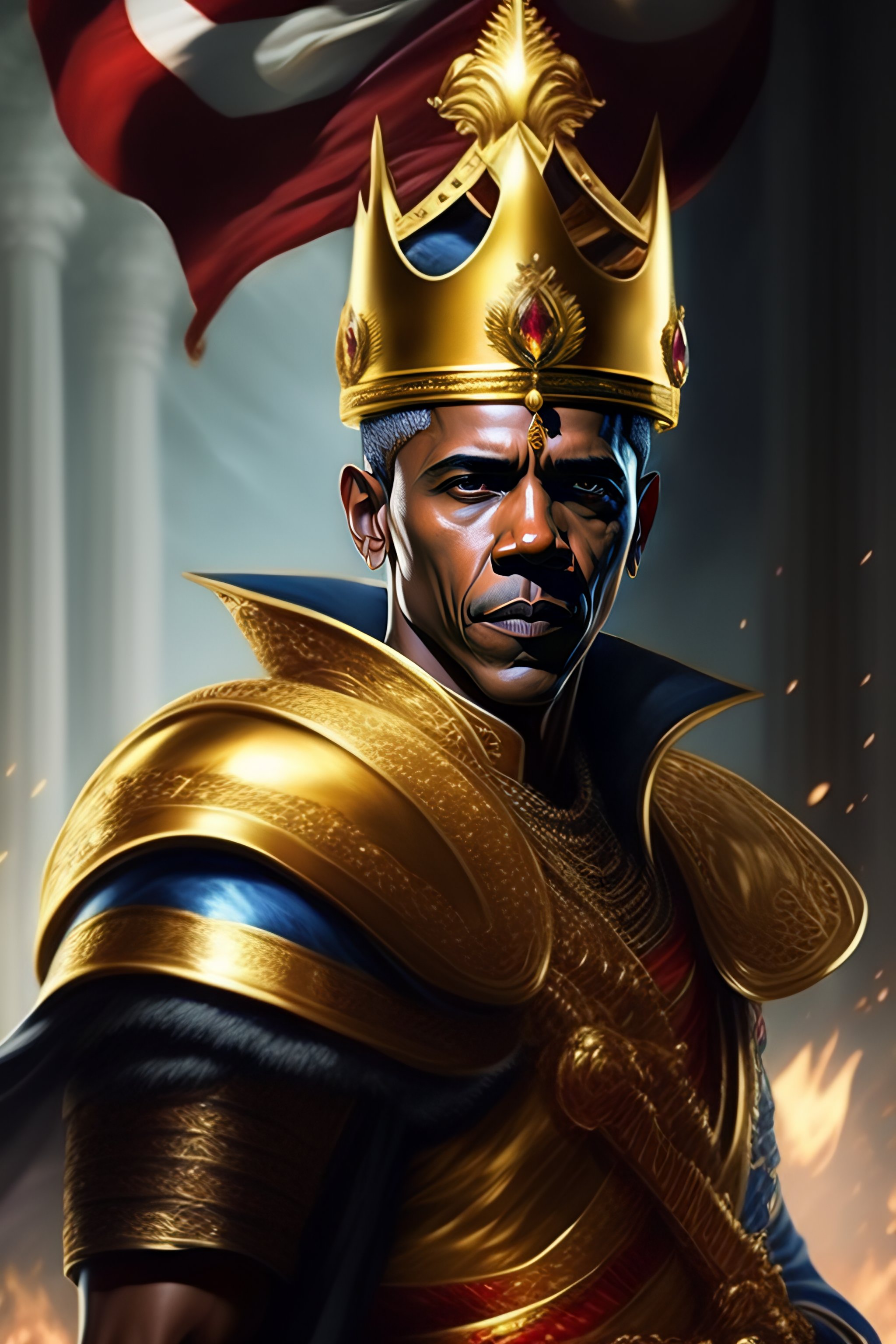 Lexica - Barack obama with crown and golden sword, bloody eyes, by greg ...