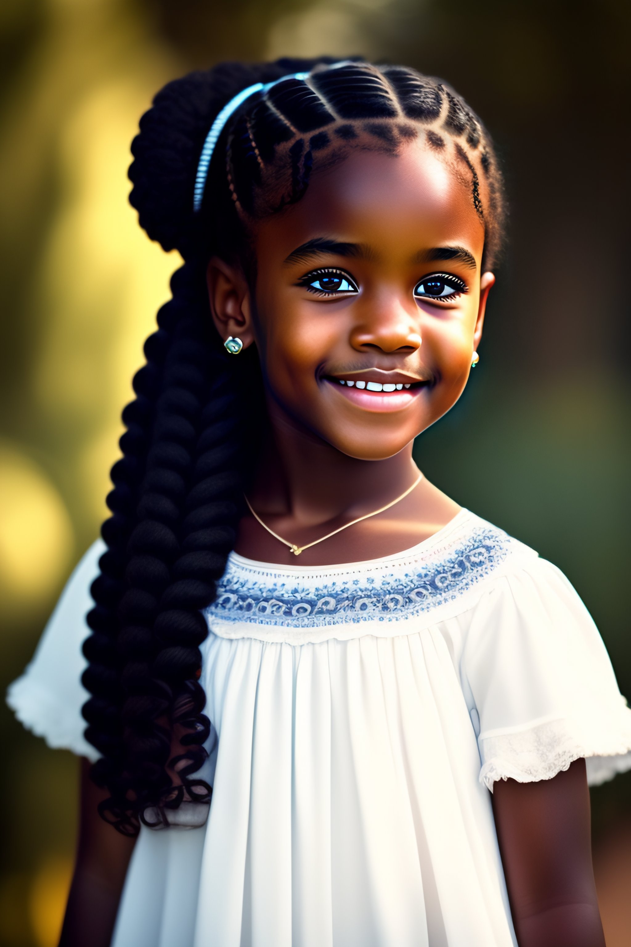 Lexica - Young ,dark skin, child, [[[white dress]]], tiny braids ...