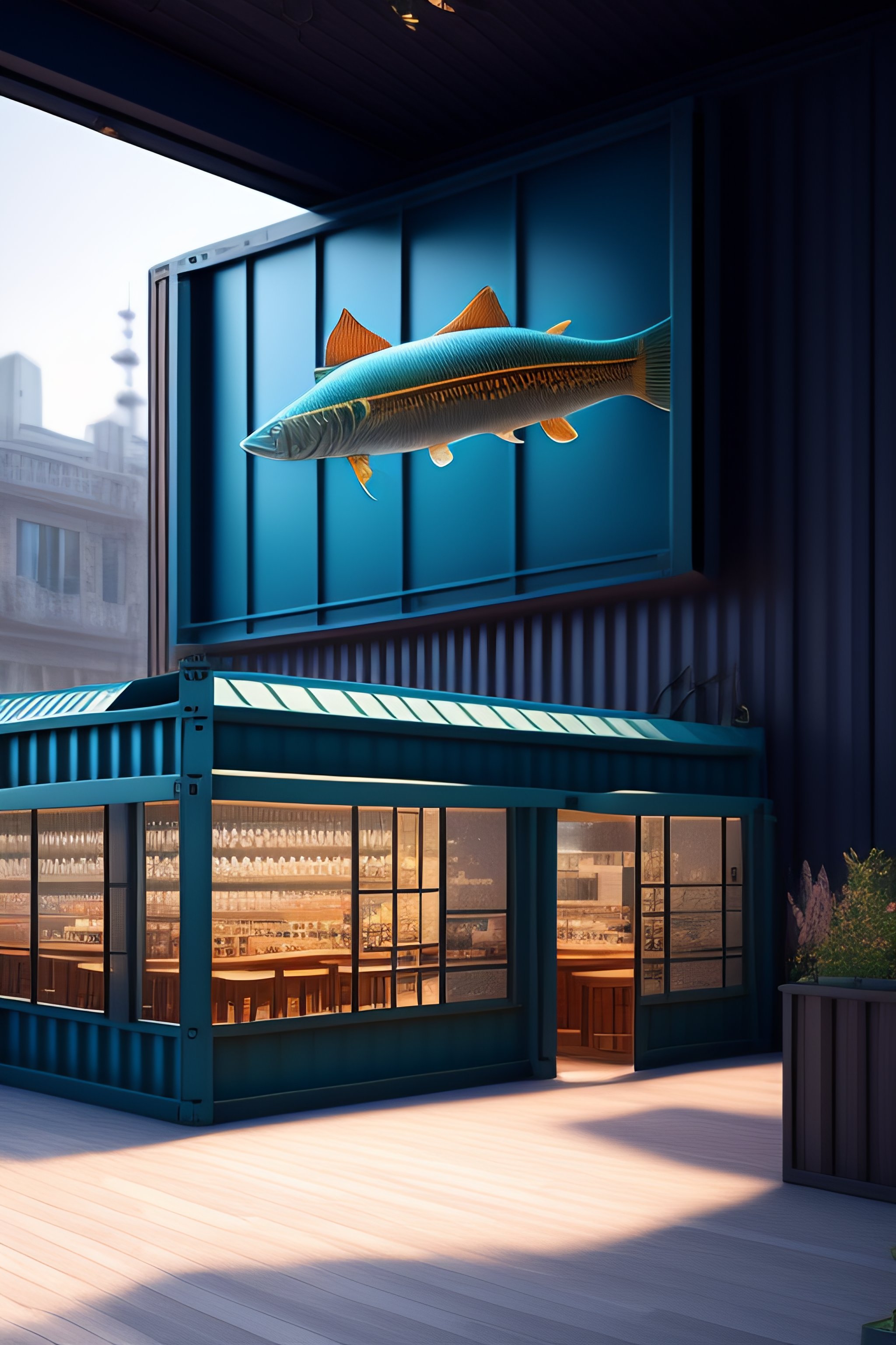 Lexica - Architectural render of a fish restaurant inside a container ...