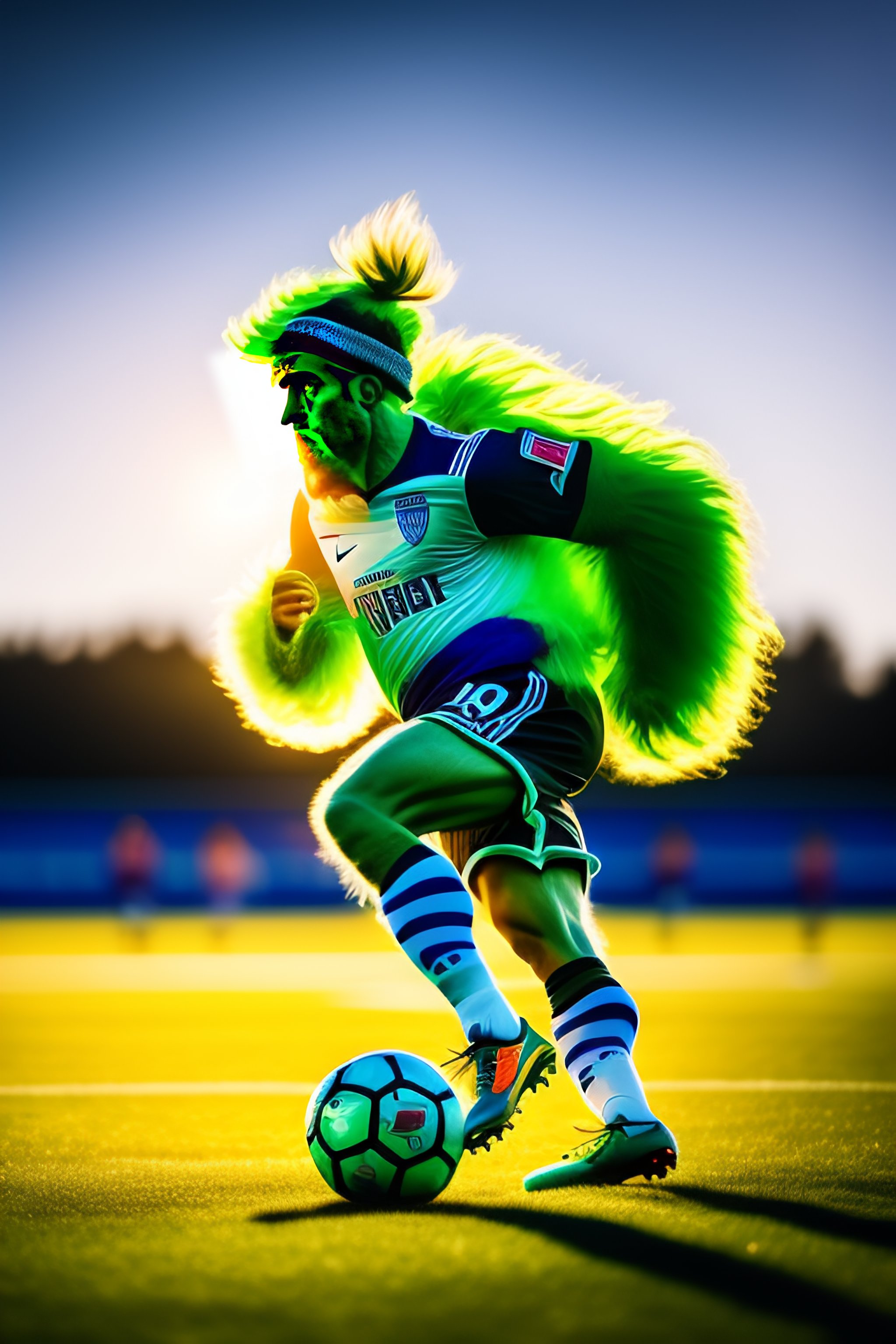 Lexica - A grinch in blue-white soccer jersey, on the soccer field in the stadium, a soccer ball ...