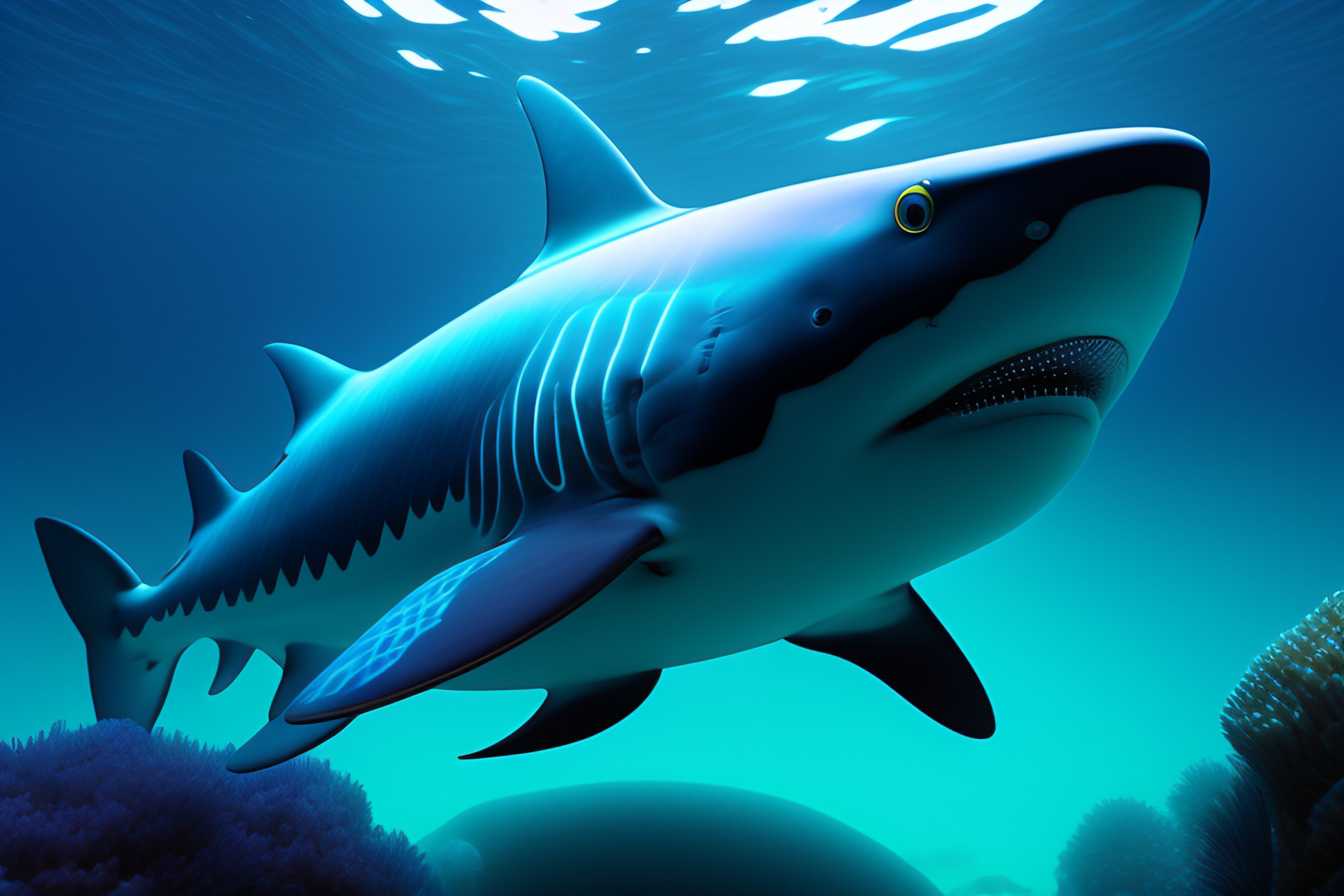 Lexica - Unreal fantastic black shark, blue colour scheme, side view ...