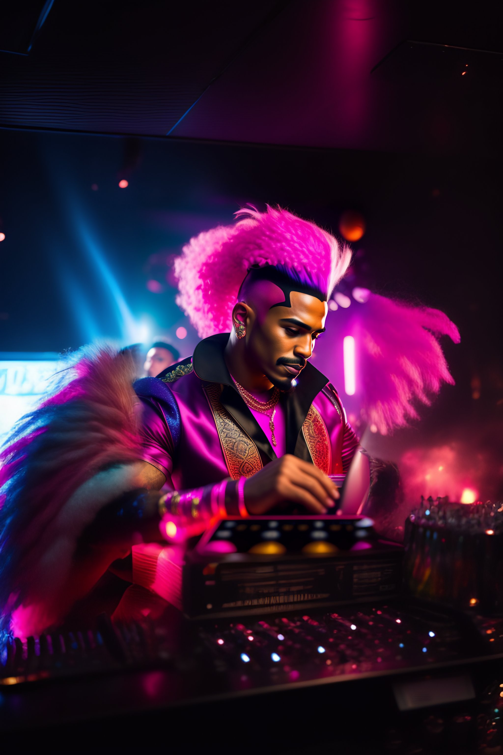 Lexica - A wizard Latino with a pink mohawk djing and partying in a ...