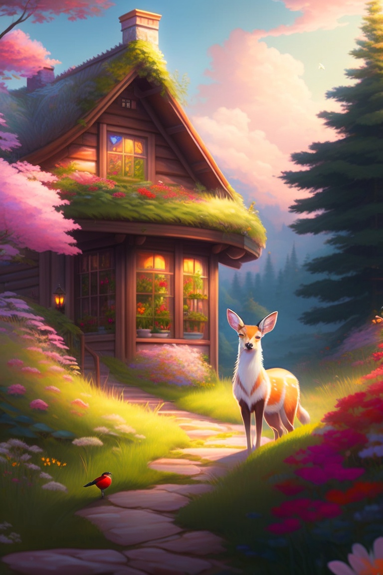 Lexica - Anime, cat, woman, man, house, trees, birds, light clouds ...