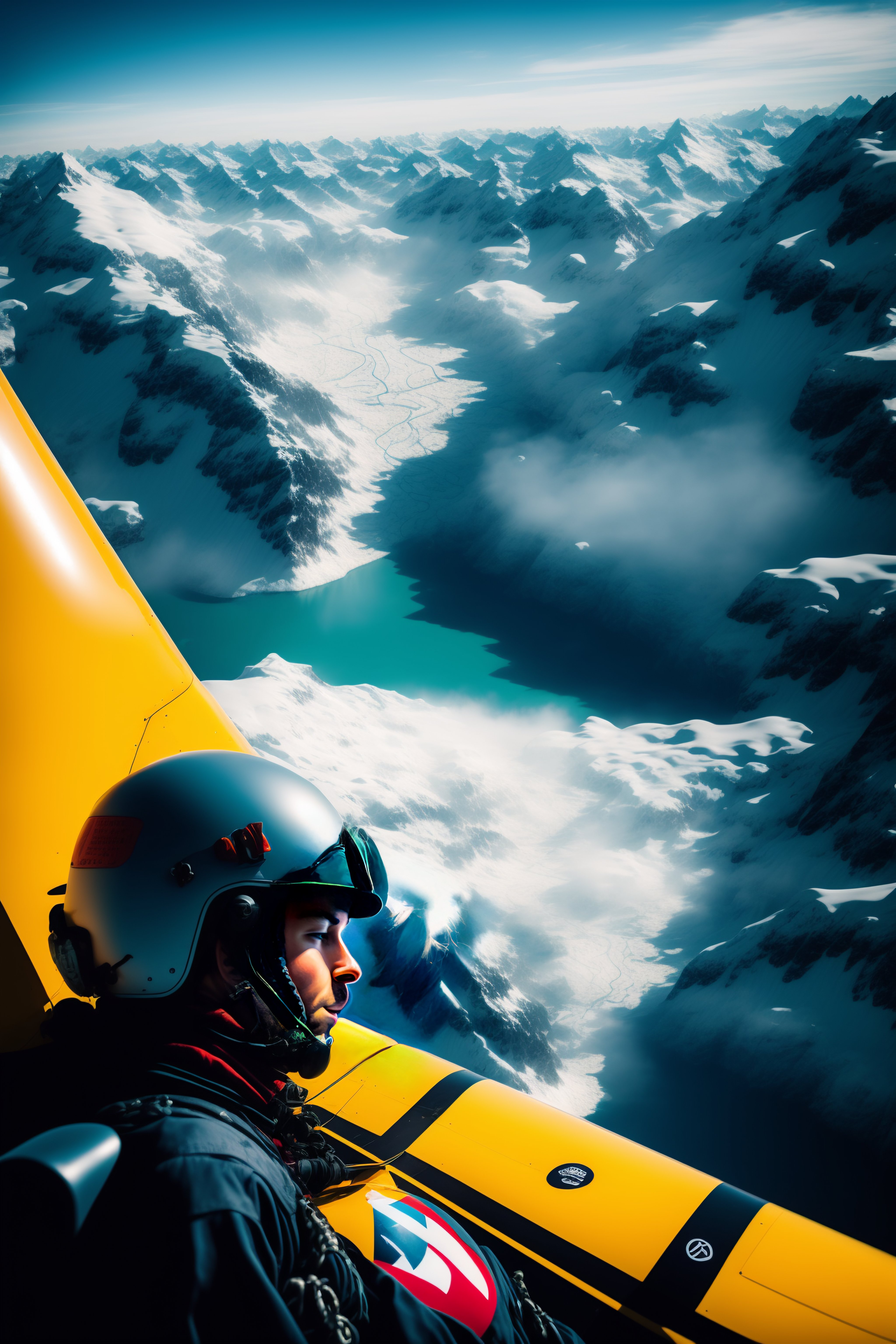 Lexica - Portrait of a pilot flying over the swiss mountains in a plane