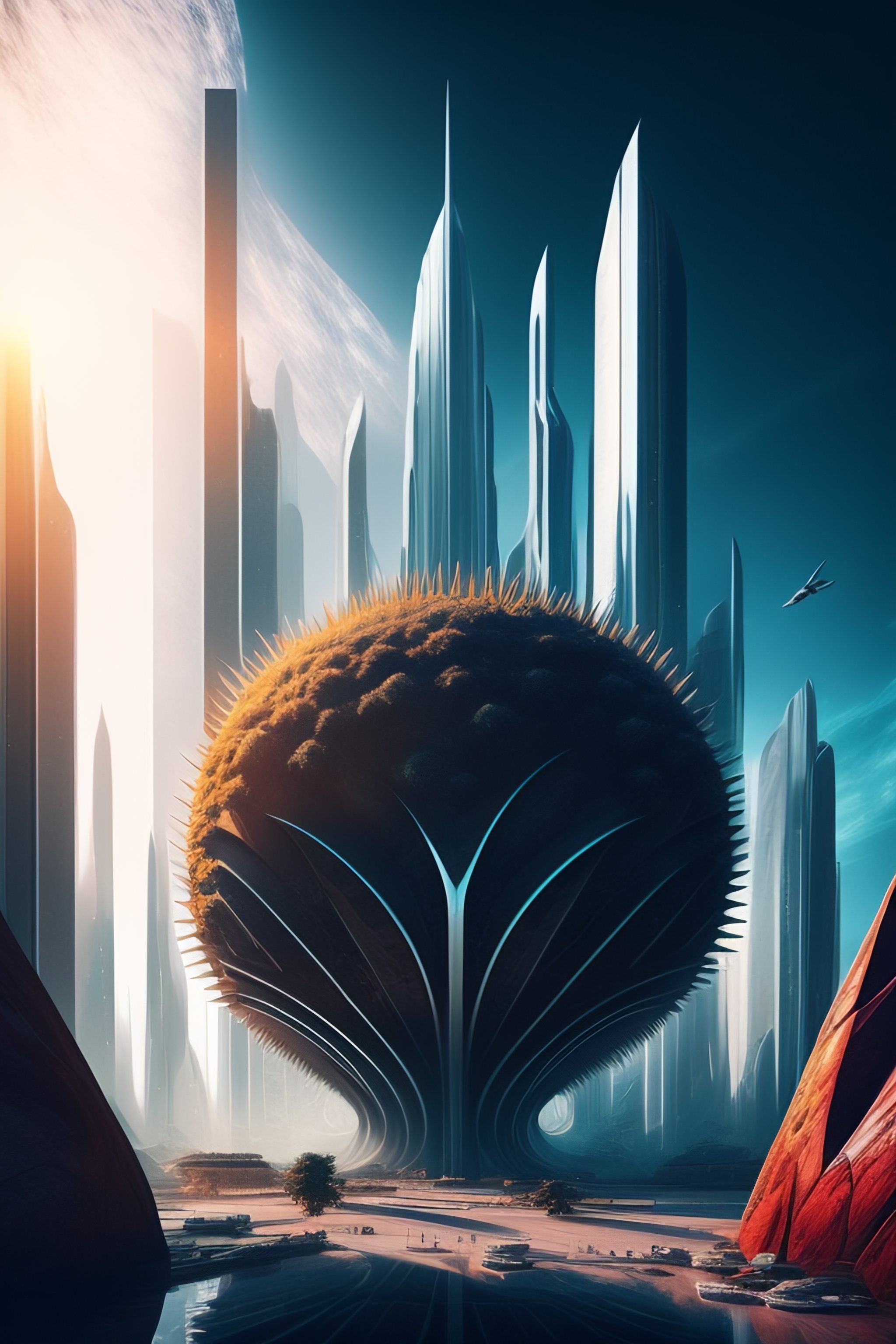 Lexica - A giant spiky marble in the middle of a futuristic city, vibrant
