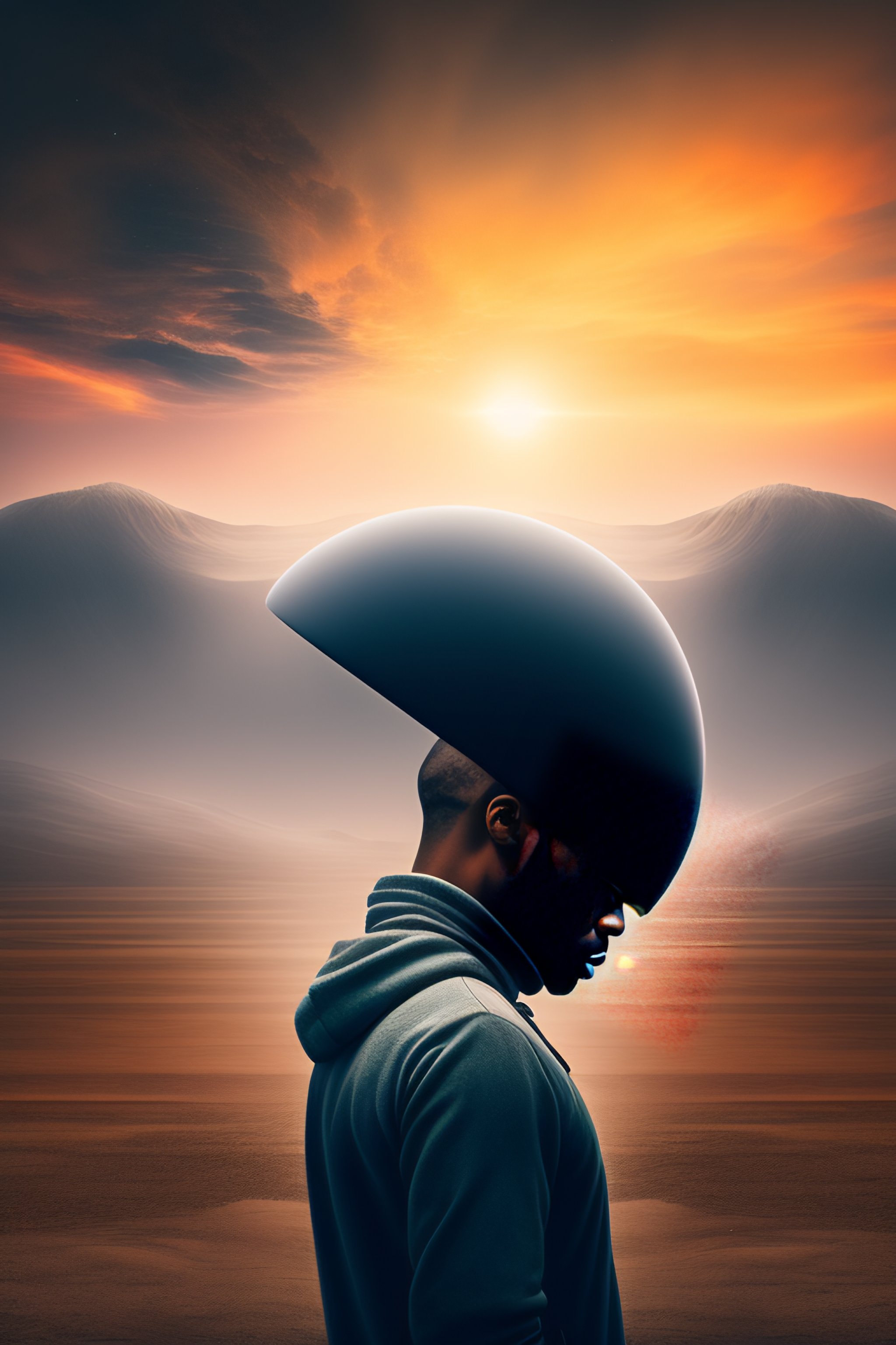 Lexica - Futuristic picture of a headless man holding his head in hand