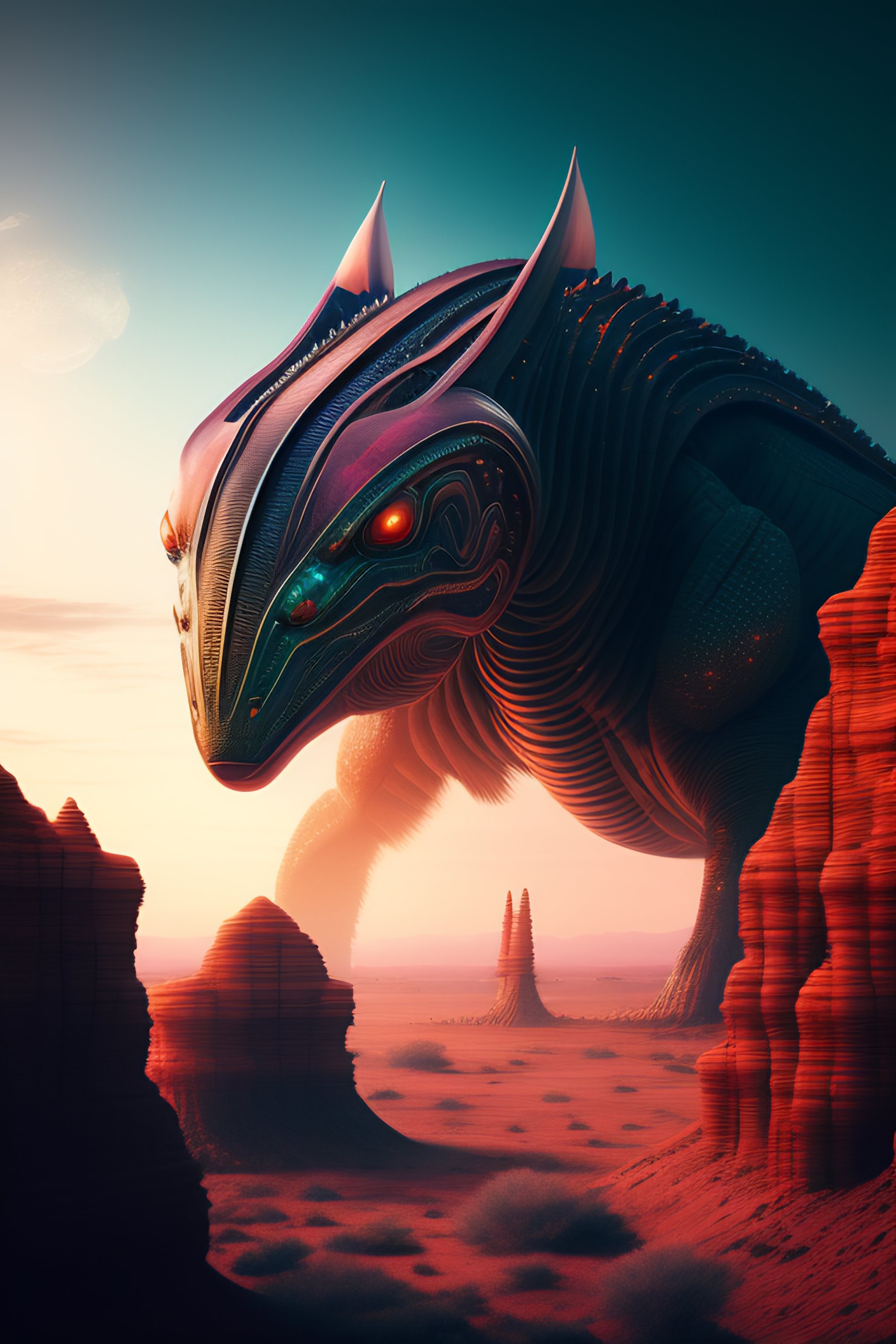 Lexica - Incredible alien creature in impossible landscape, 8k resolution