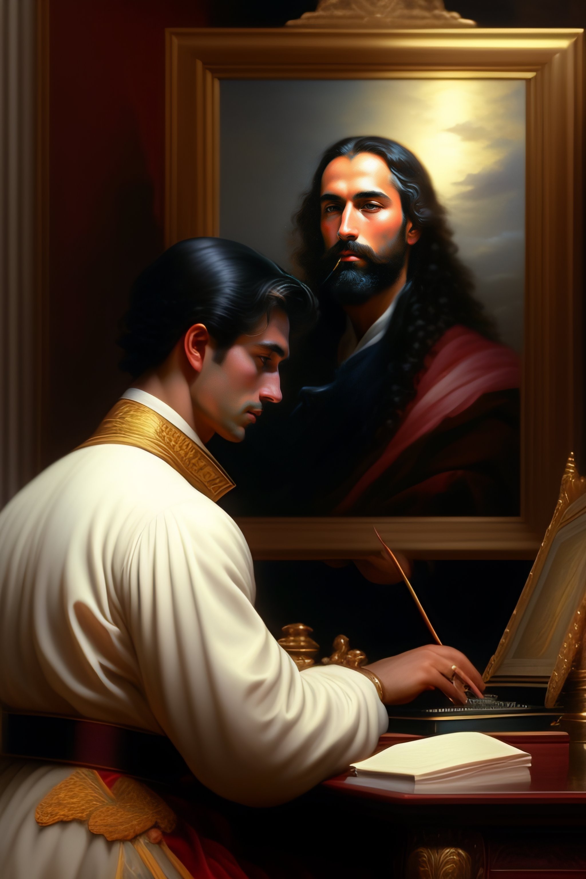 Lexica - Beautiful man typing email with a painting on the wall by ivan ...