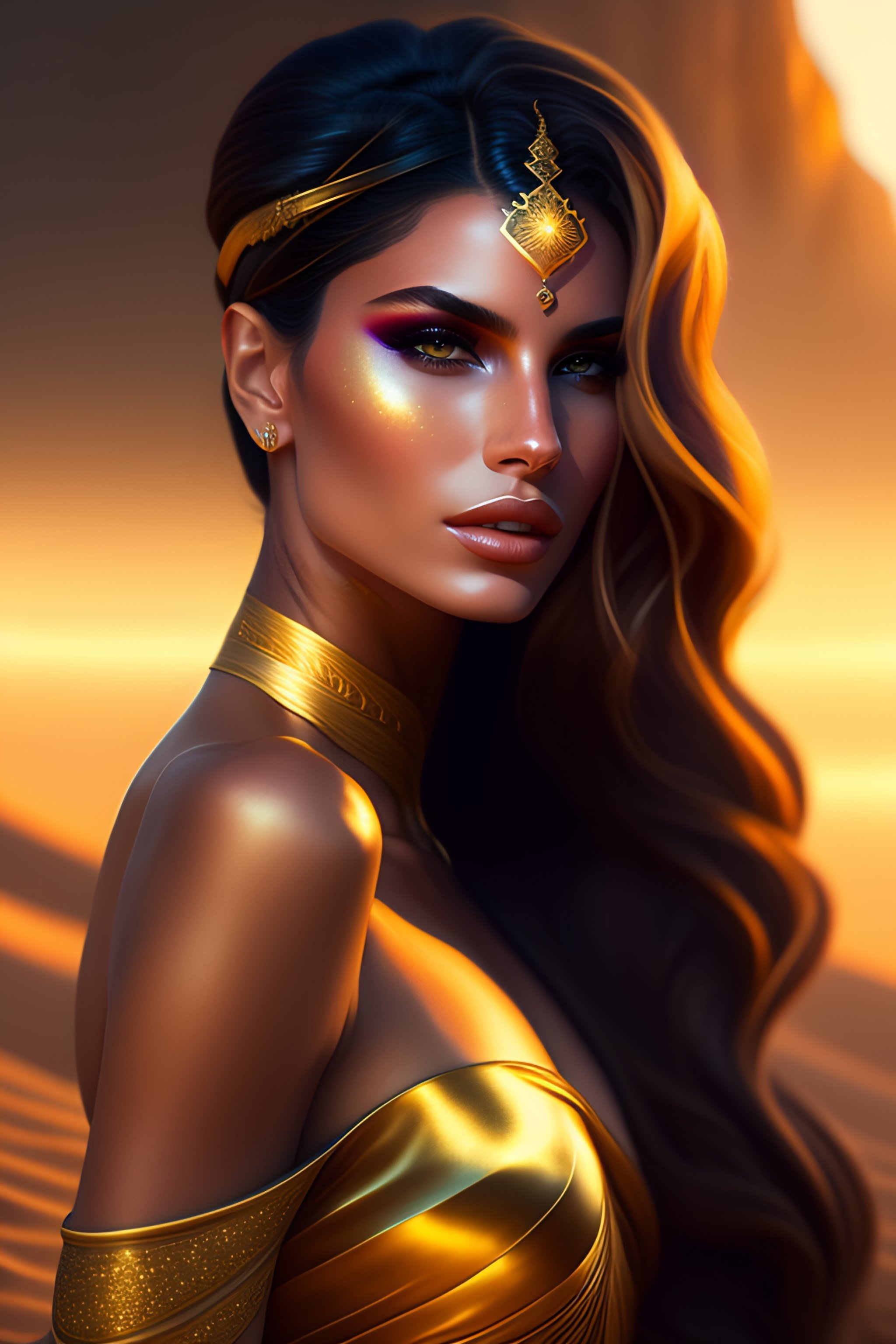 Lexica - A beautiful cinematic female sand goddess, golden dress, glow ...