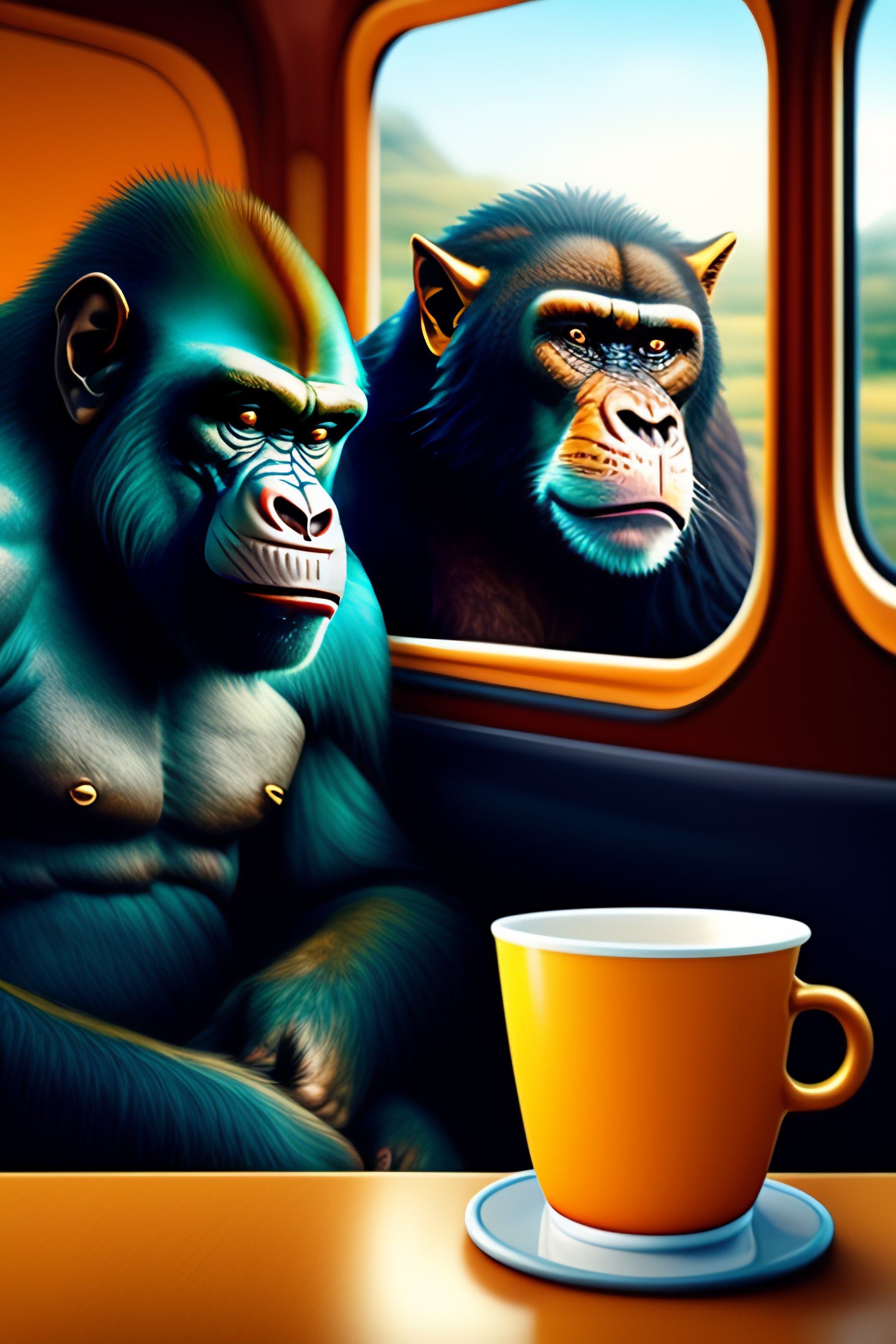 Lexica - An ape and a wolf enjoying a cup of tea while riding on the ...