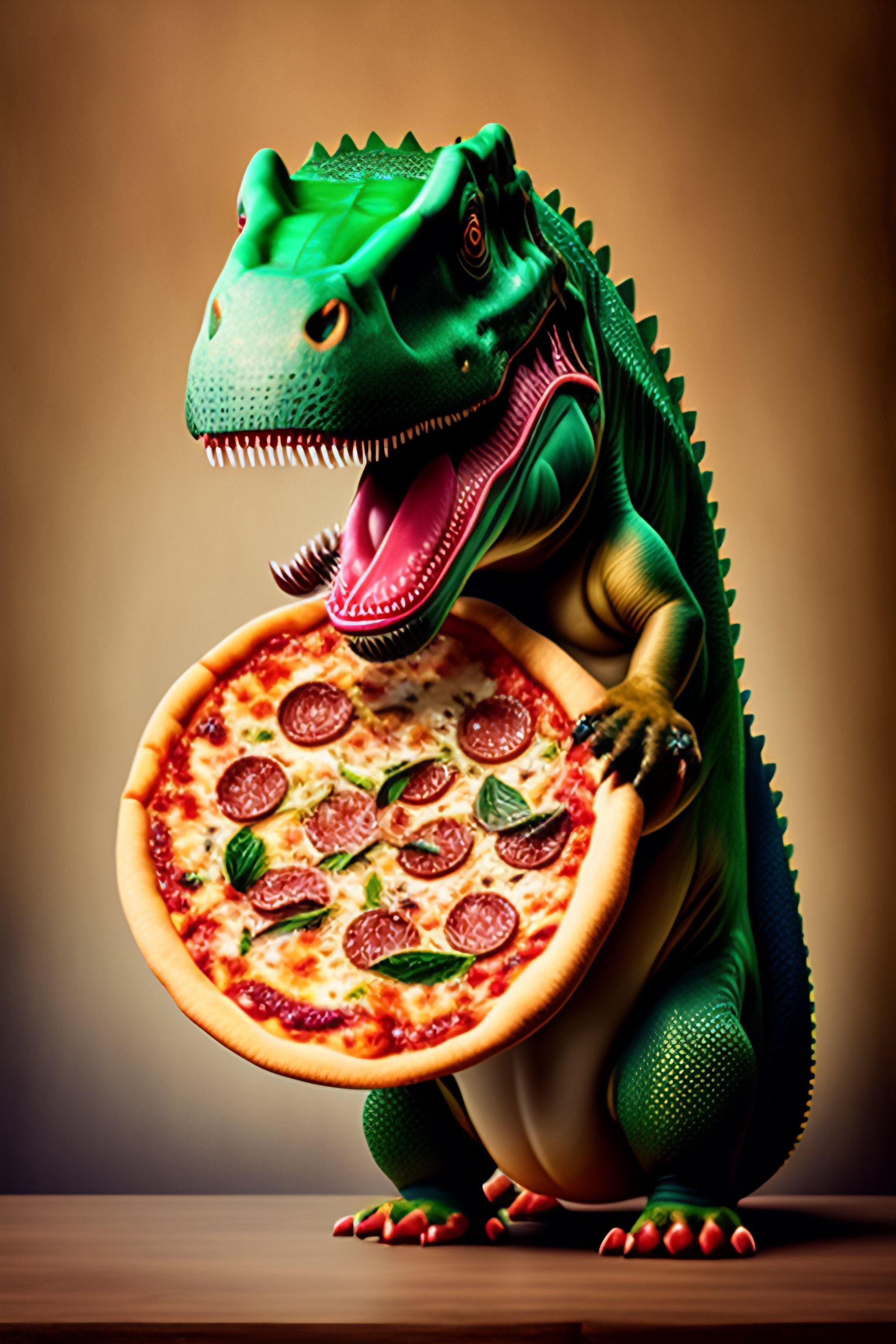 Lexica - Dinosaur eating pizza