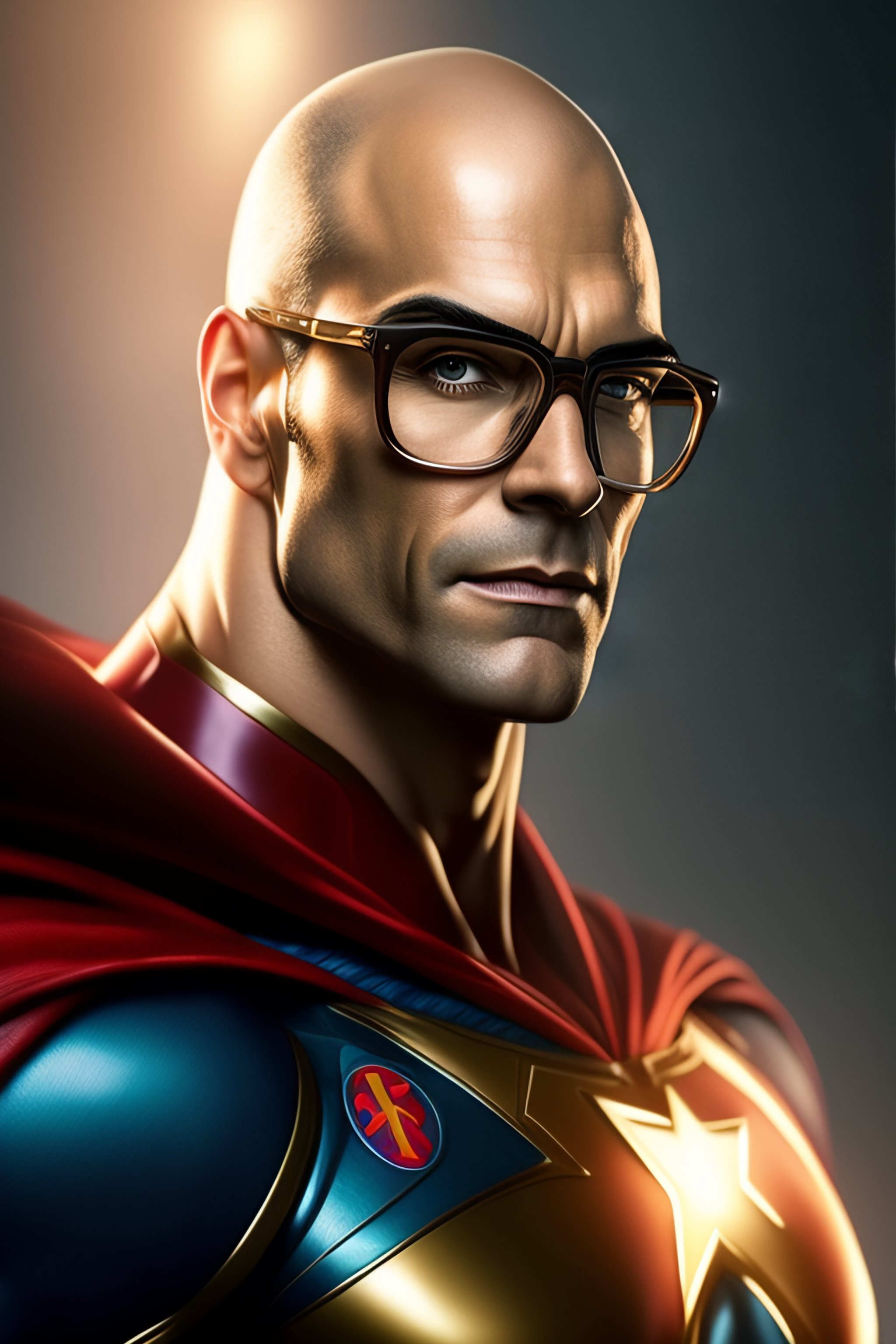 Lexica - Picture of bald muscular superhero with glasses and cape