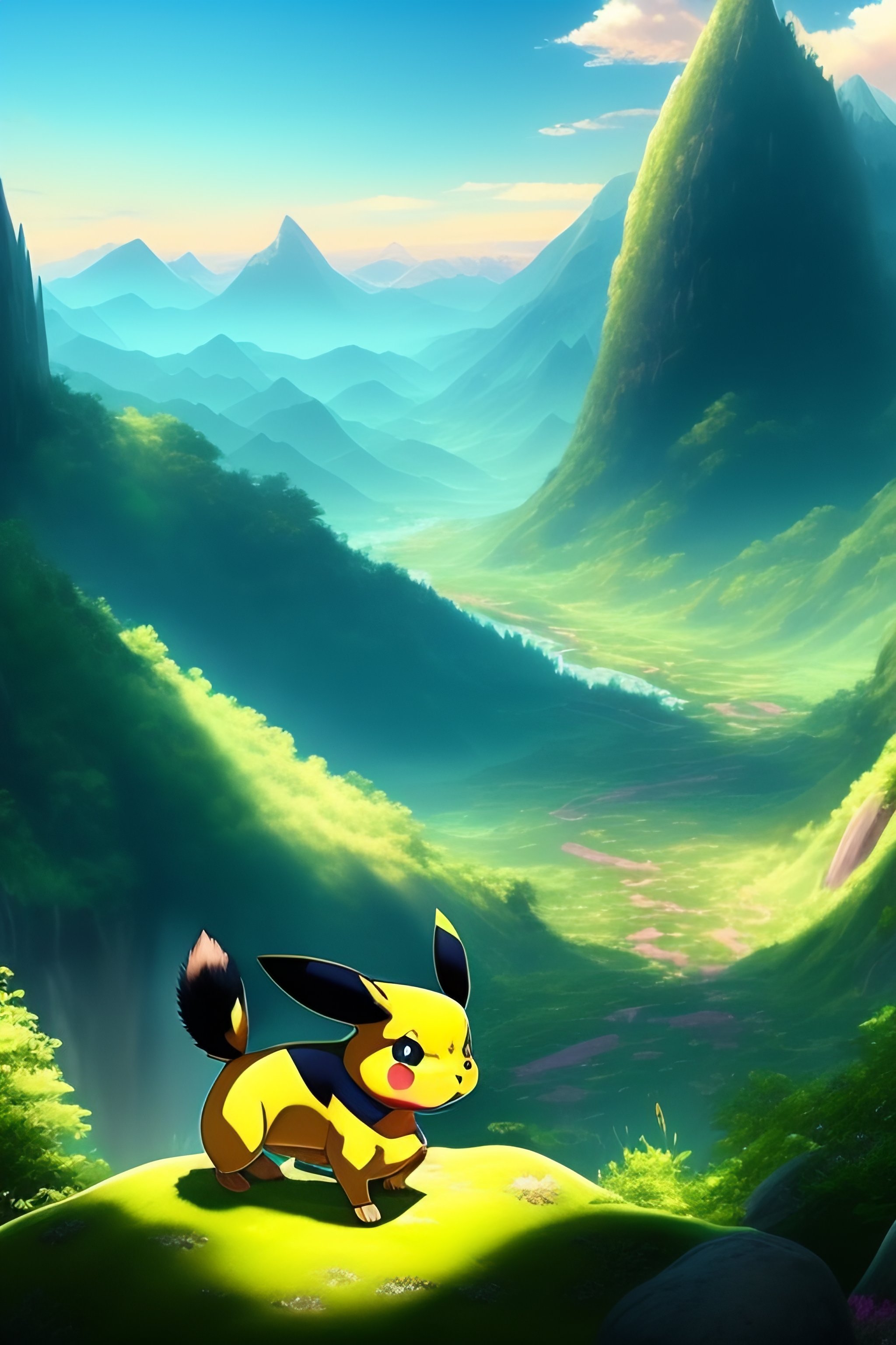 Lexica - Anime pikachu in a greenery scene with lush mountains