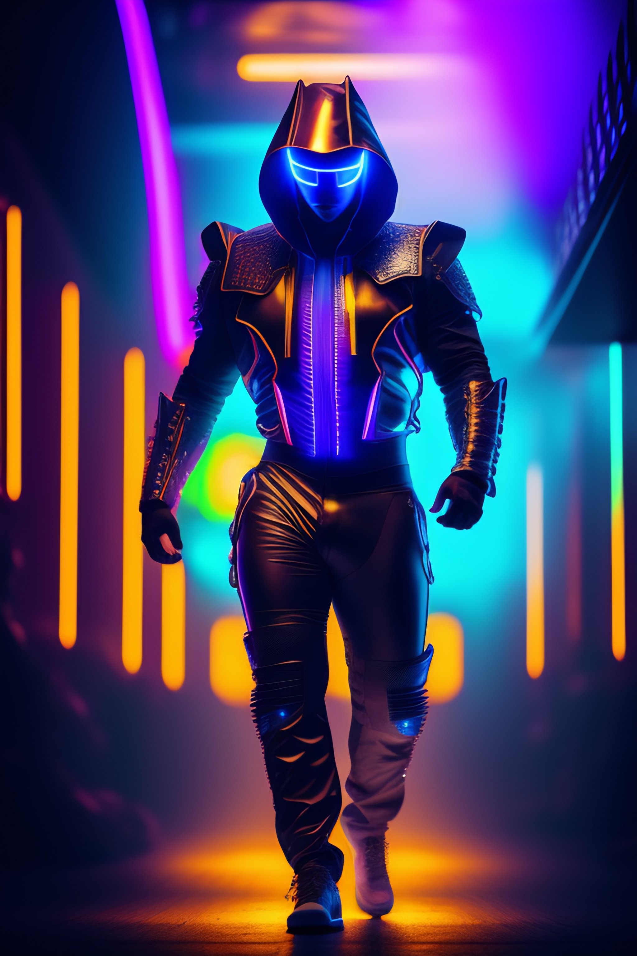 Lexica - Futuristic masked cyberpunk dancer, half cyborg, dancing in a nightclub, full body ...