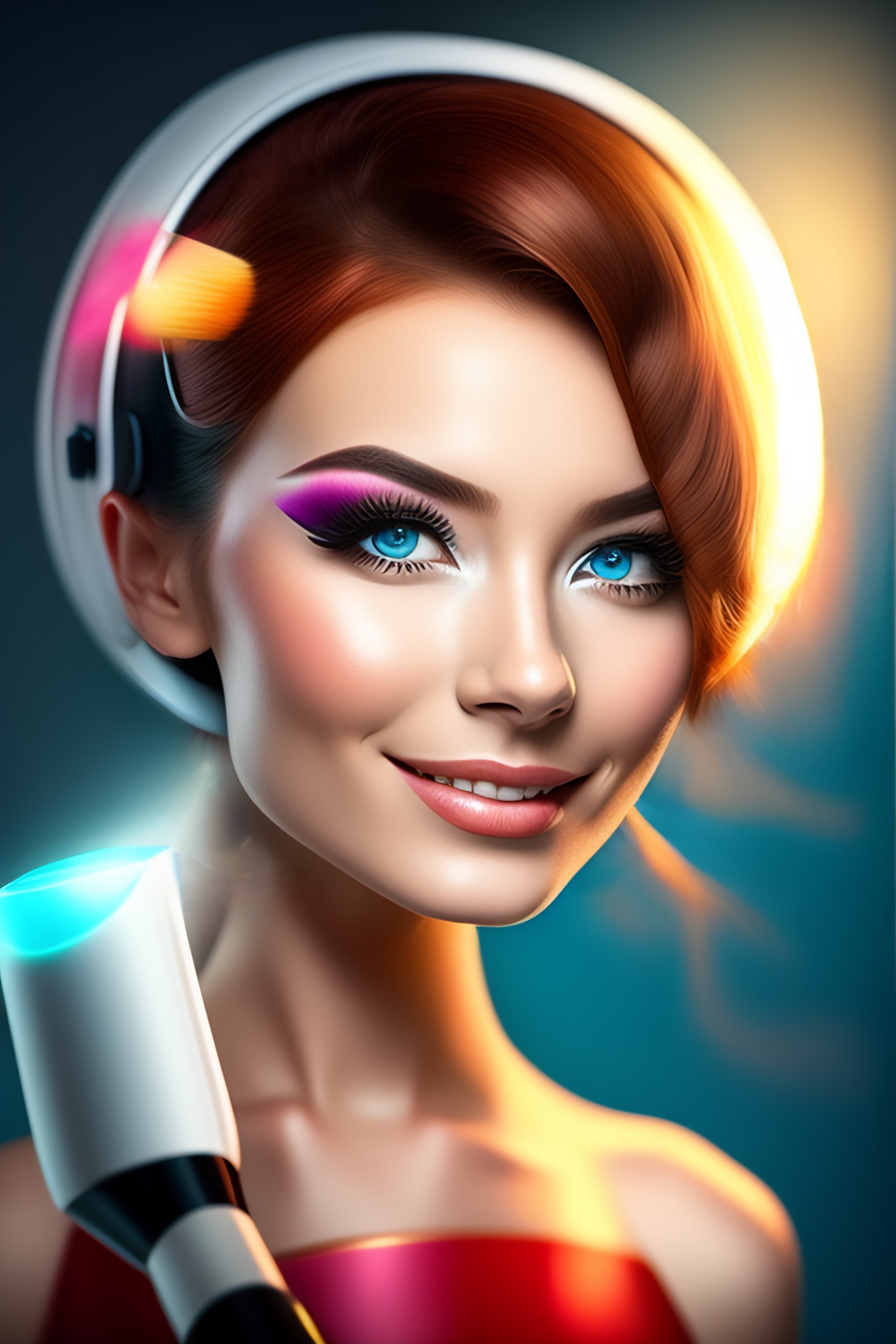 Lexica - Cartoon girl doing make up, makeup kit, hair dryer,