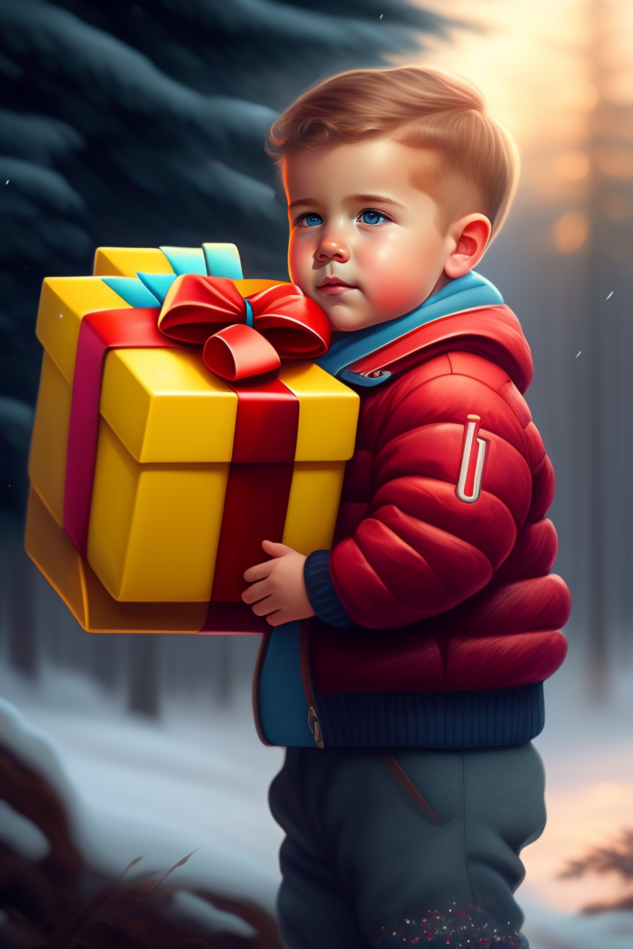 Lexica - A cute boy with a giftbox with bow and ribbon in a painting ...