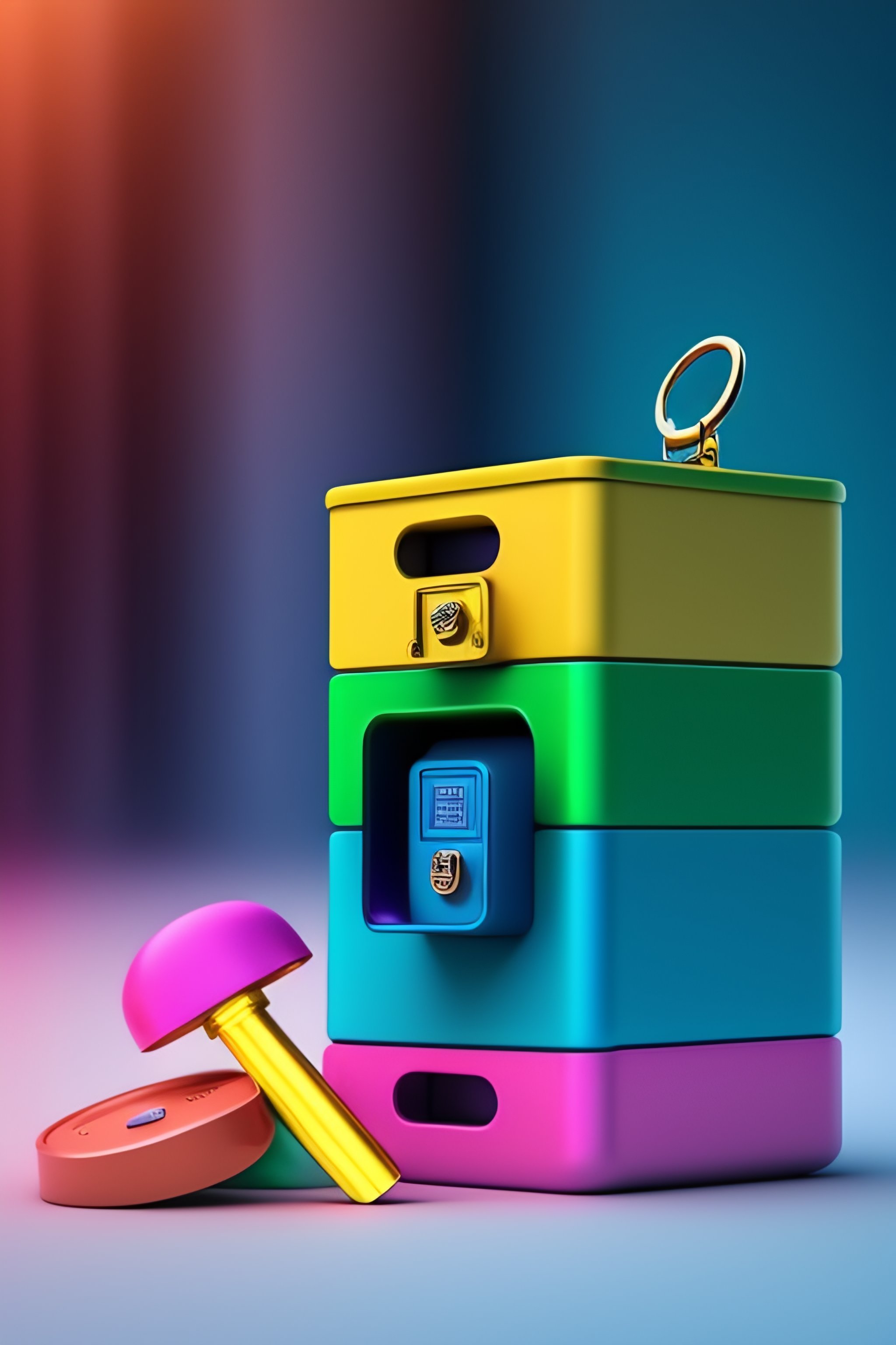 Lexica - 3 colourful anthropomorphic bank boxes, a key hovering in ...