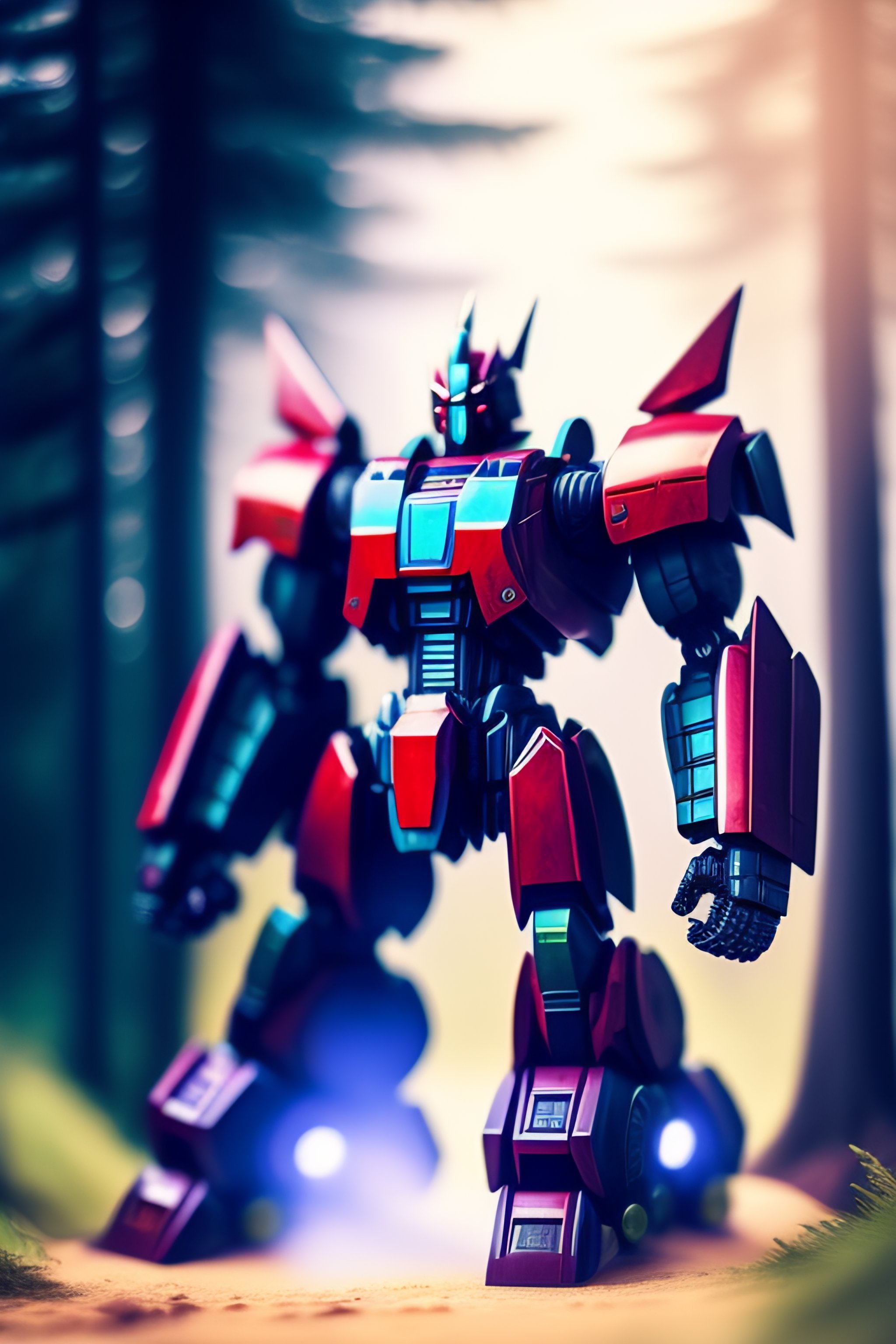 Lexica - Optimus prime in action pose in the forest with mist, cold colors