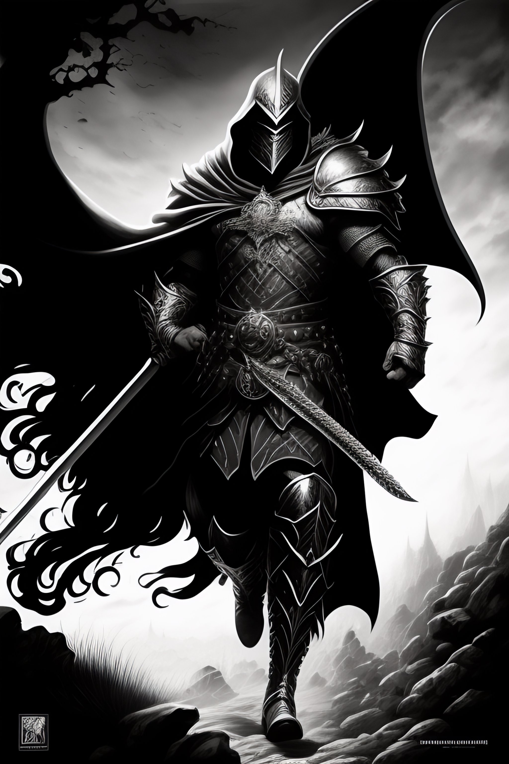 Lexica - Knight fighting zombies, fantasy, black and white ...