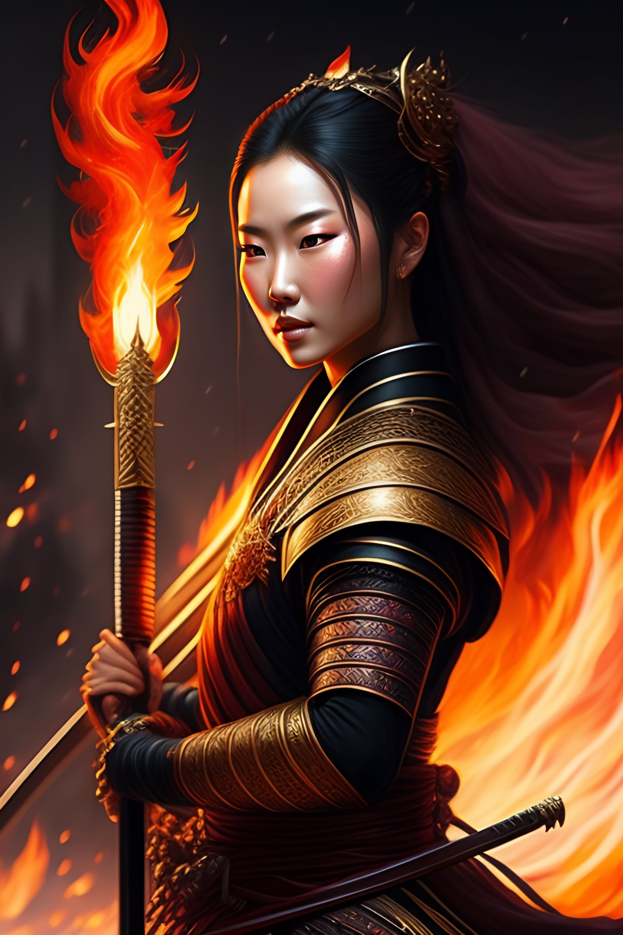 Lexica - A detailed picture of a female samurai holding a flaming ...