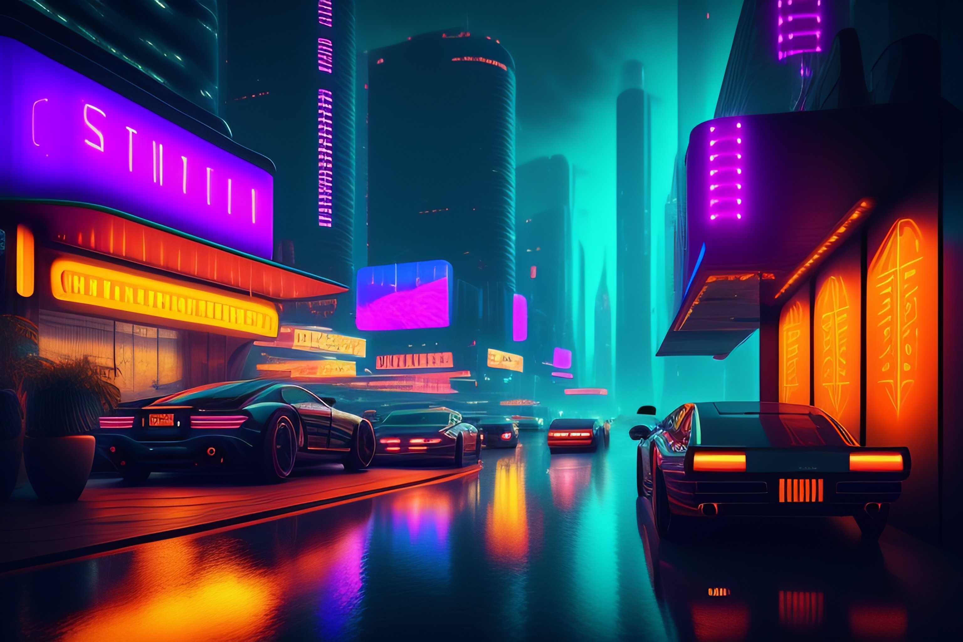 Lexica - Cyberpunk city, skyline, cocktail club door outside, its ...