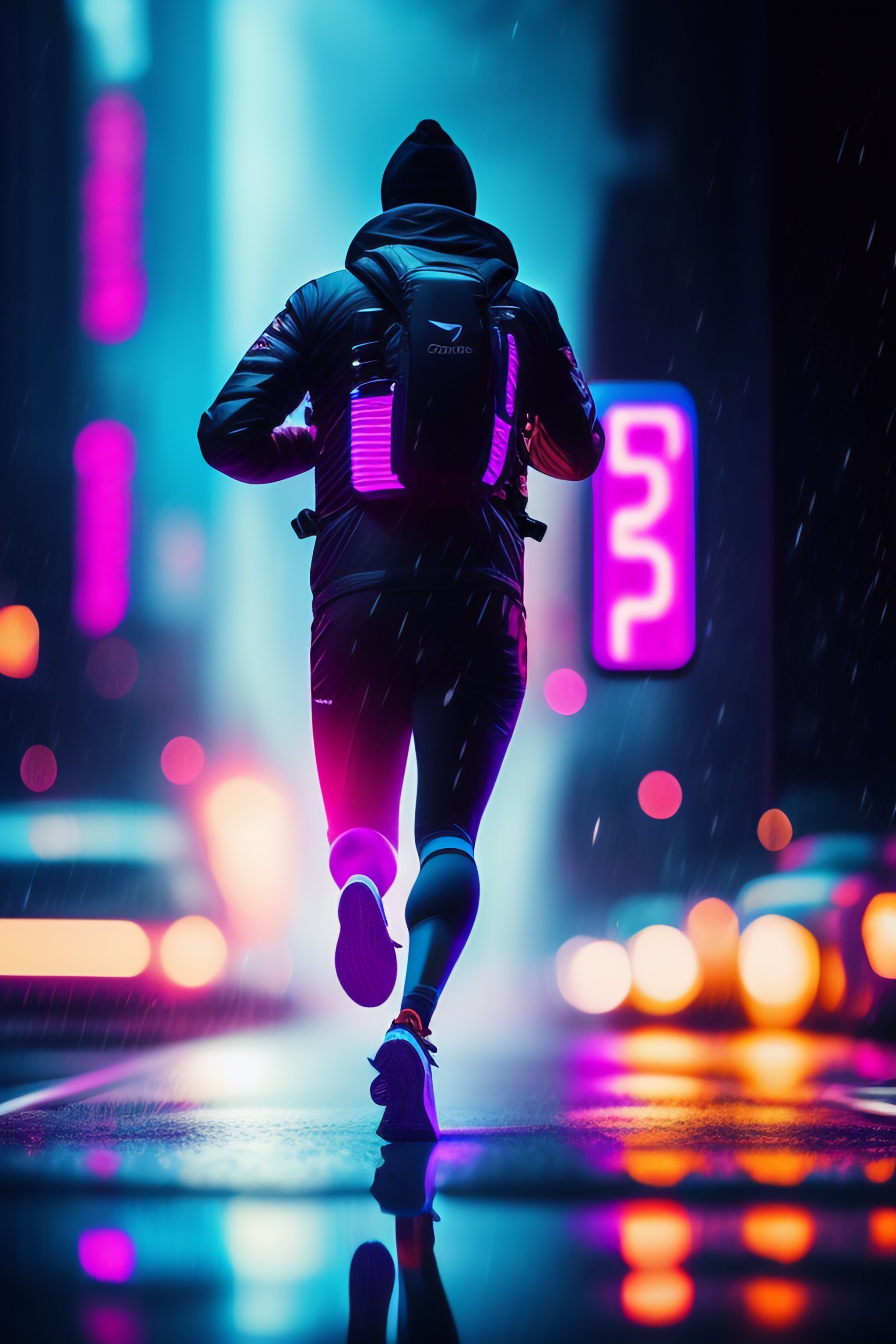 Lexica - Futuristic edgerunner, running, full body, heavy rain, neon ...