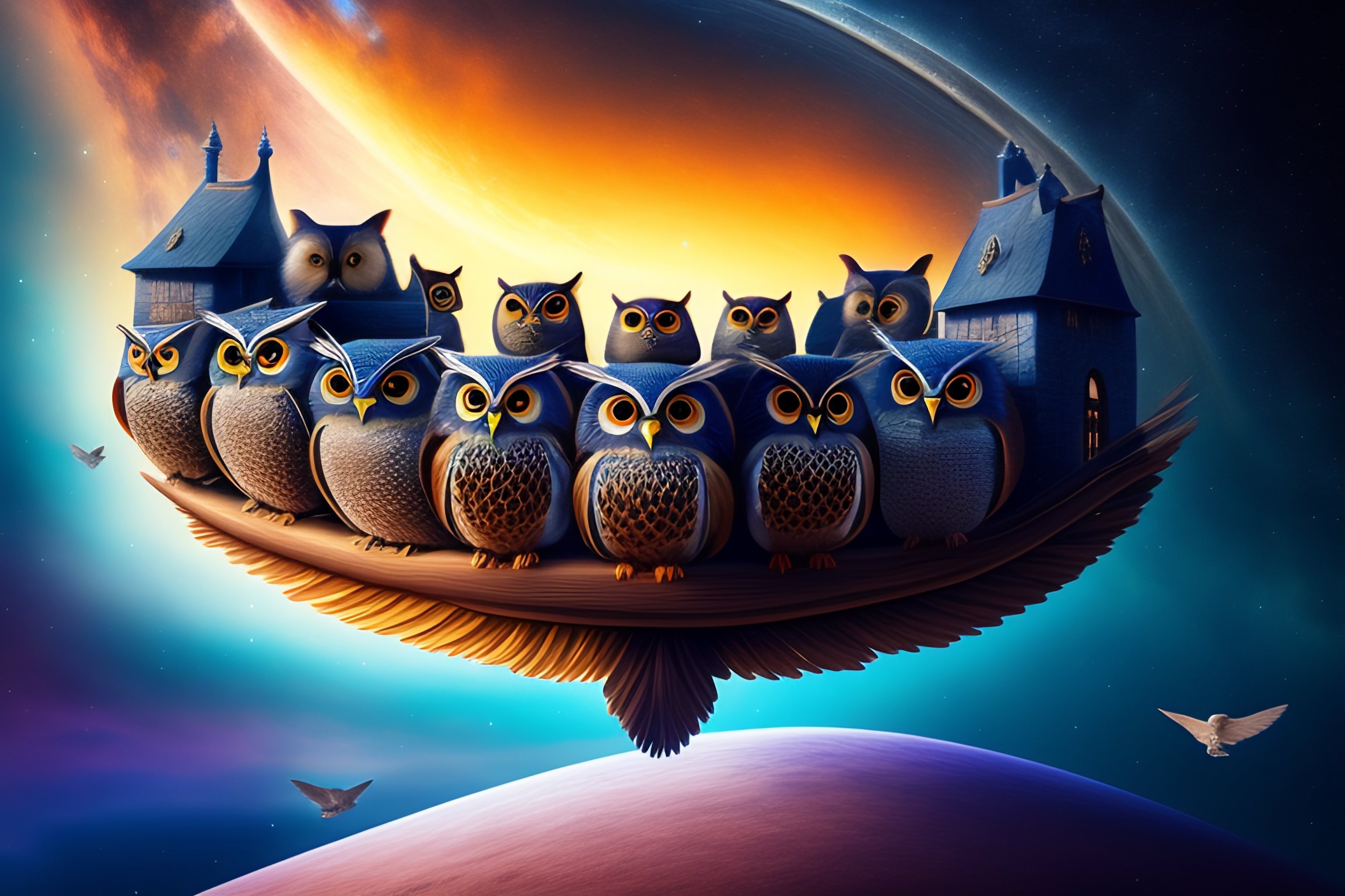 Lexica - Picture with 11 connected owls flying in the space over the ...