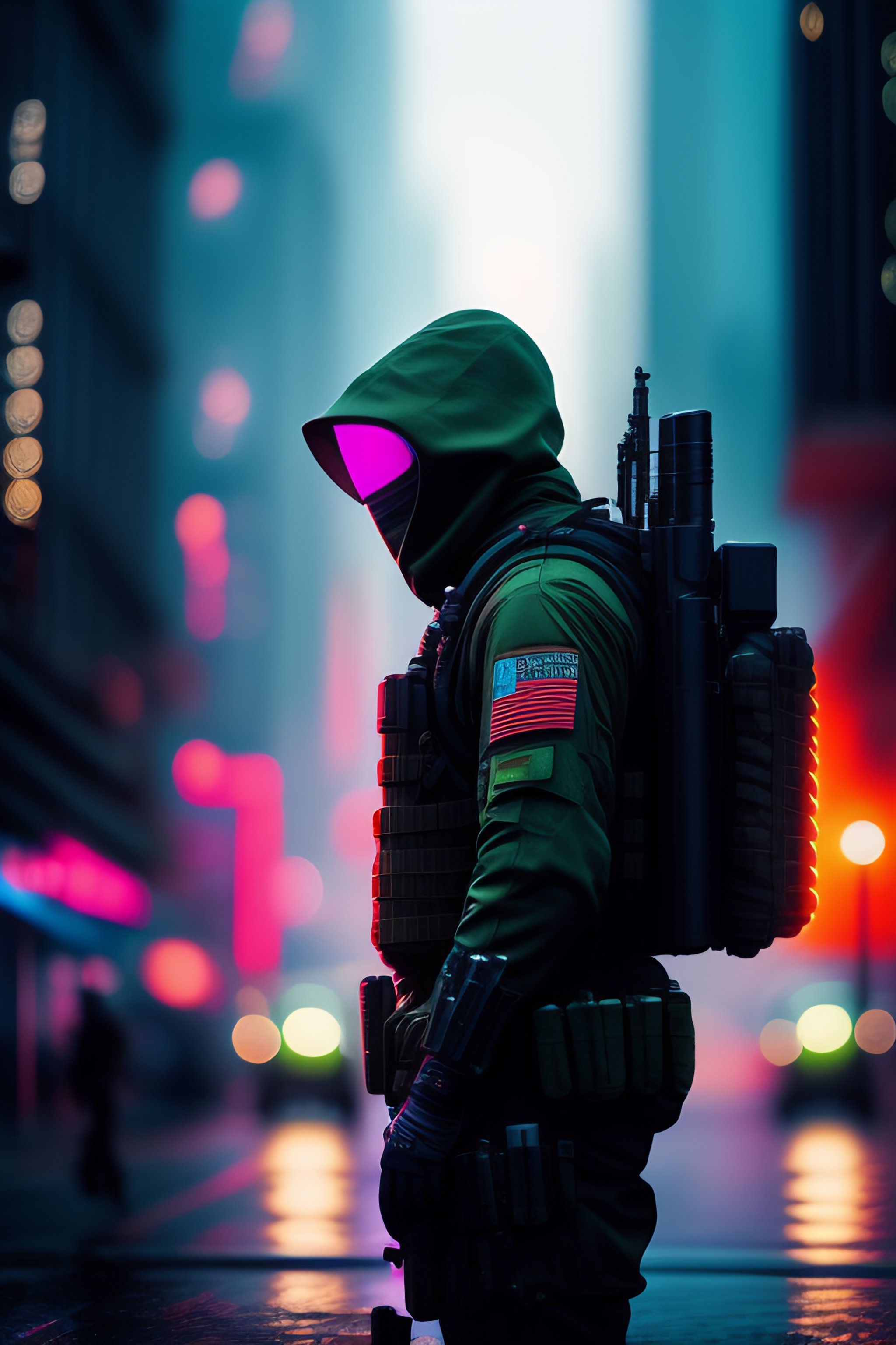 Lexica - Hacker soldier, full body, tactical armor, rifle, Neon, Movie ...